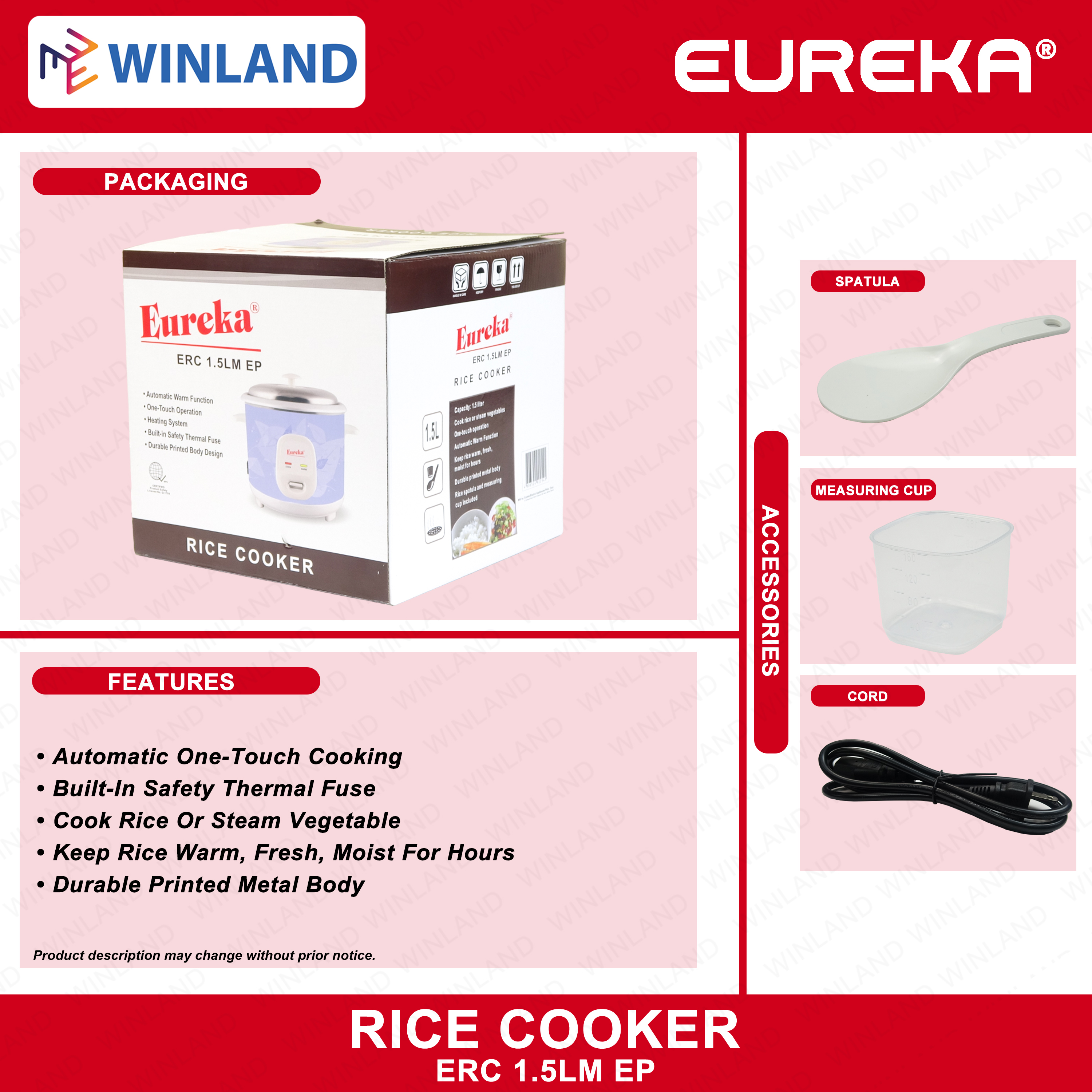 Eureka by Winland Rice Cooker without Steamer 8cups 500watts ERC-1.5LM ...