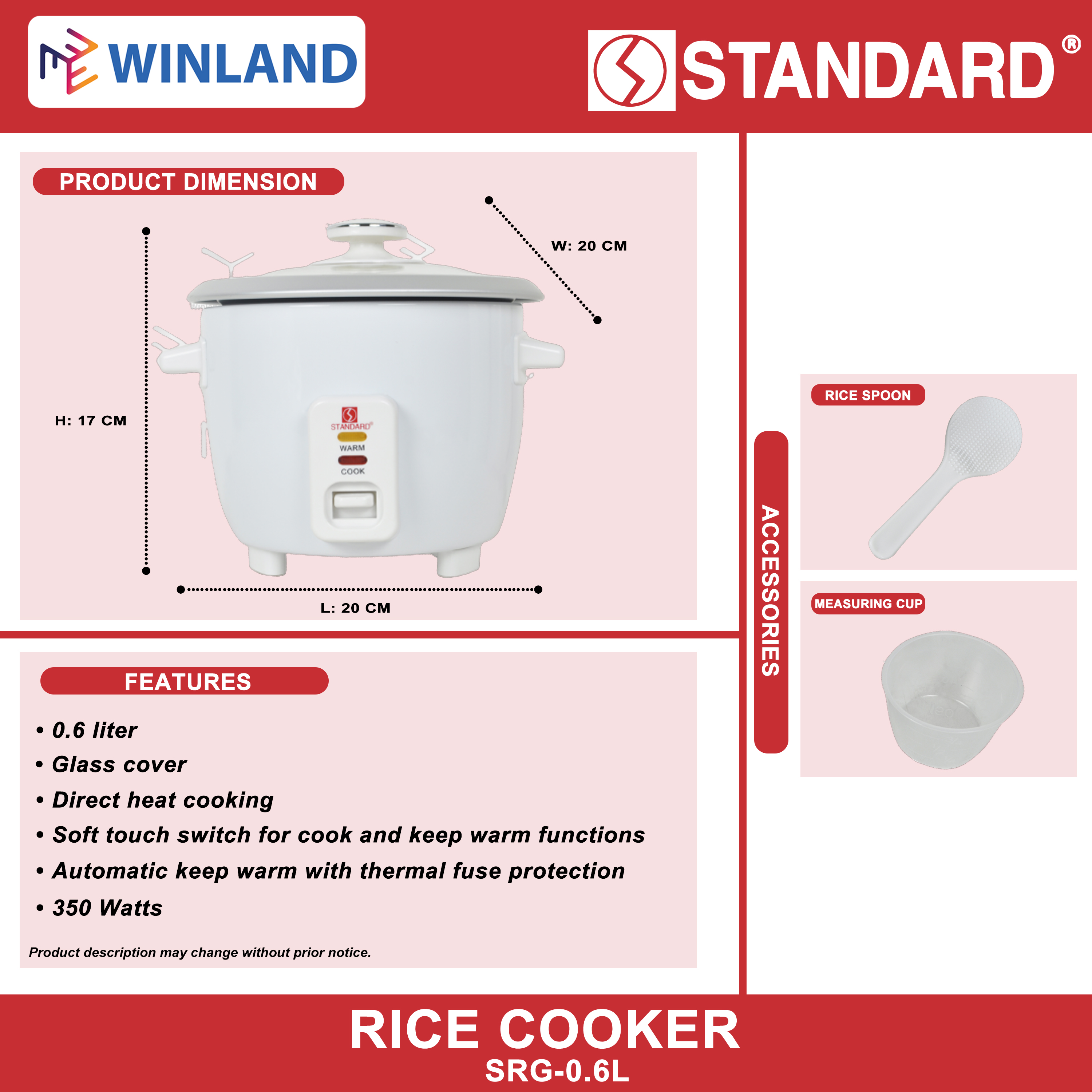 Standard Appliances by Winland Rice Cooker 0.6 Liter with Automatic ...