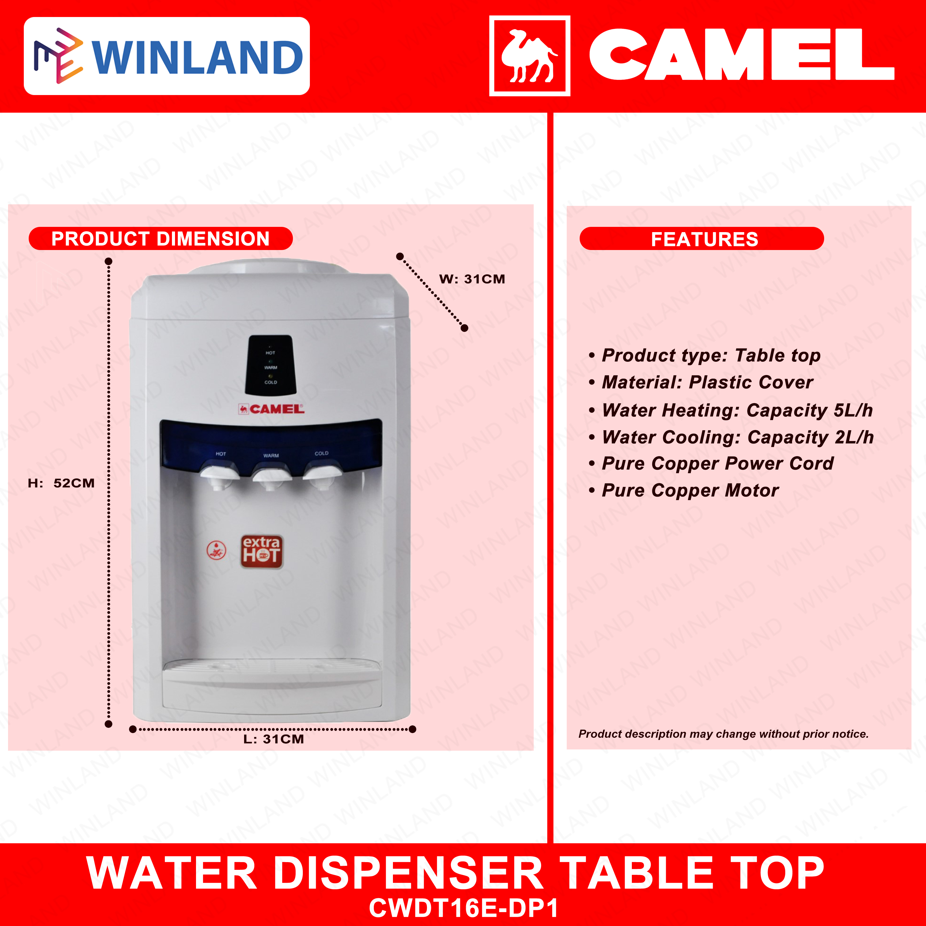 Camel by Winland 3 in 1 Table Top Water Dispenser Hot Warm Cold CWDT16E ...