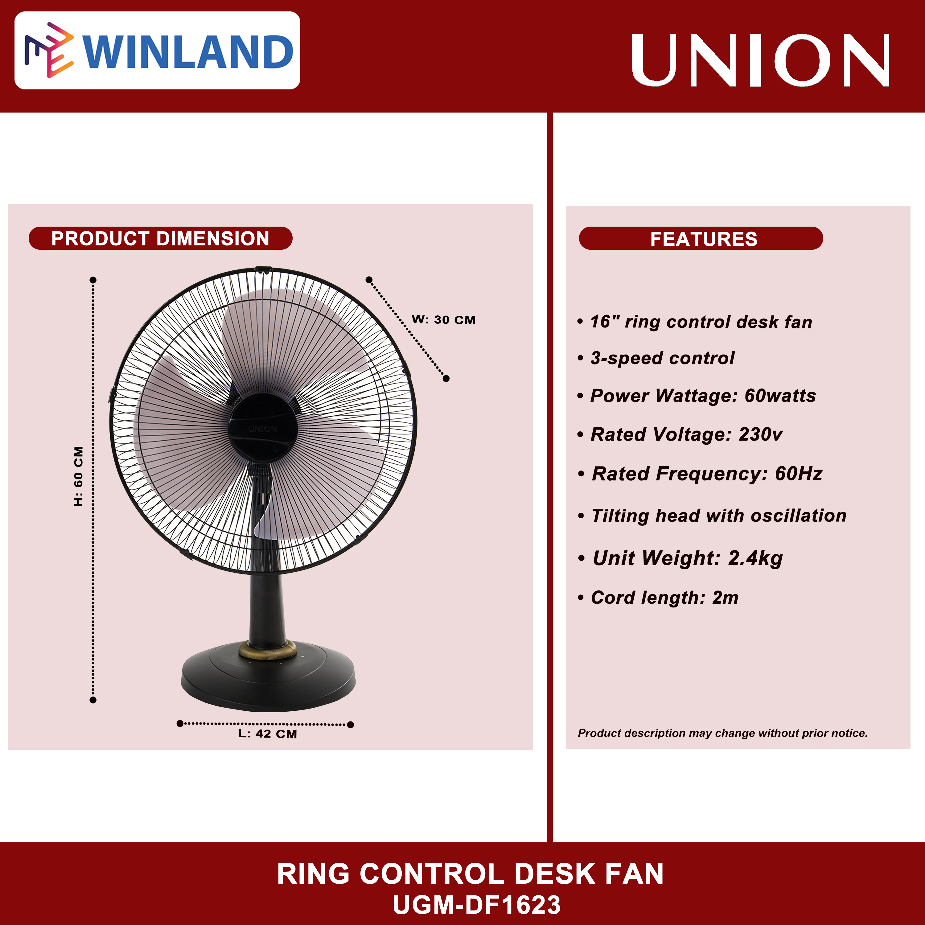 Union by Winland 16inches Ring Control Desk Fan / Electric Fan UGM ...
