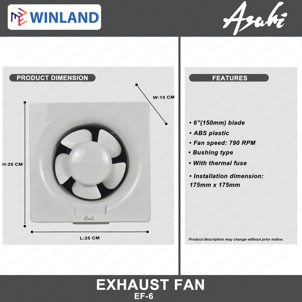 Asahi by Winland Exhaust Fan 6 Inches with Thermal Fuse Protection EF-6 ...