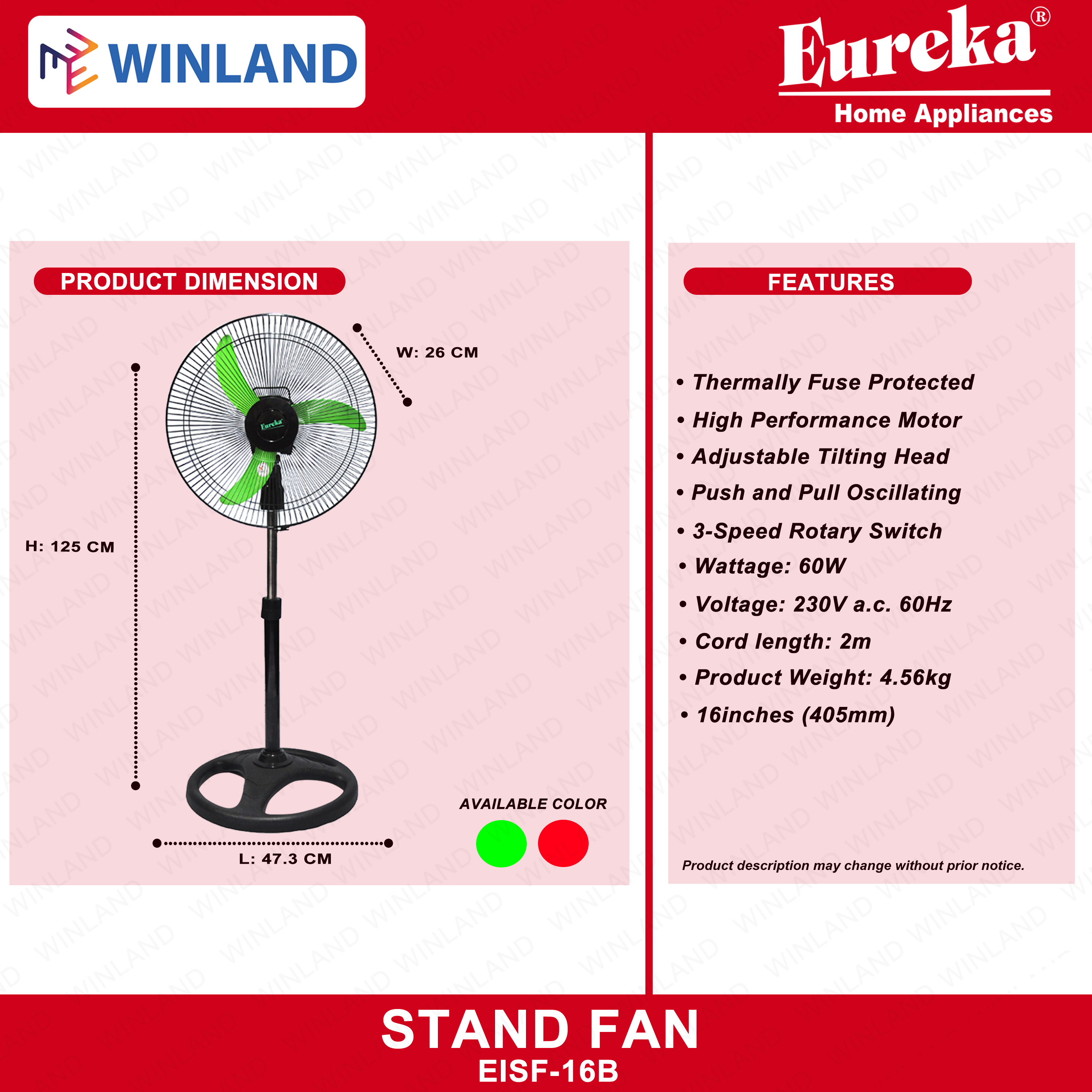 Eureka by Winland 16inches(405mm) Stand Fan / Electric Fan EISF-16B ...