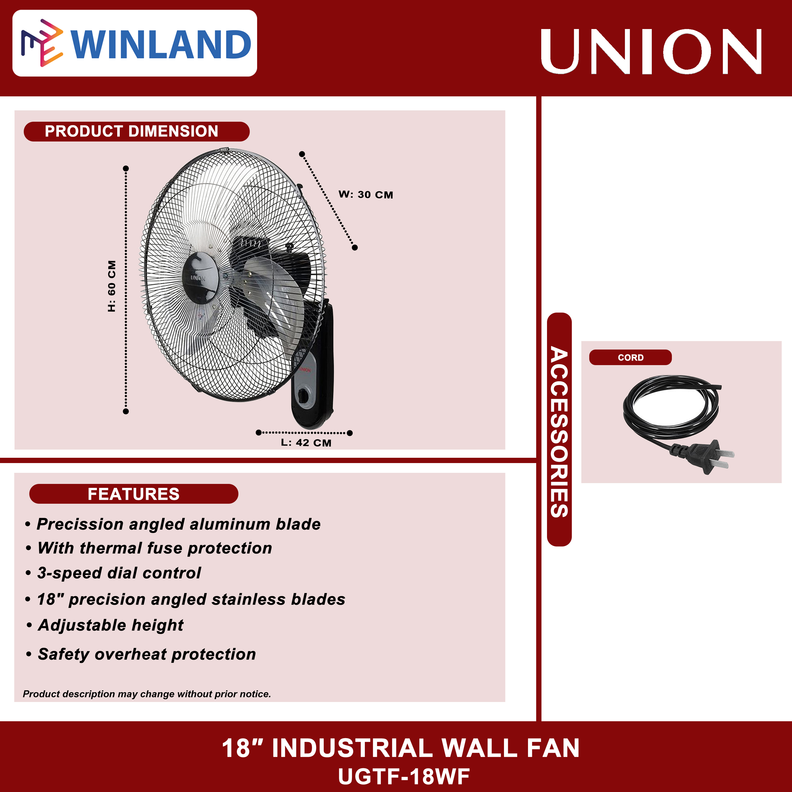 Union by Winland 18inches industrial Wall Fan / Electric Fan UGTF-18WF ...