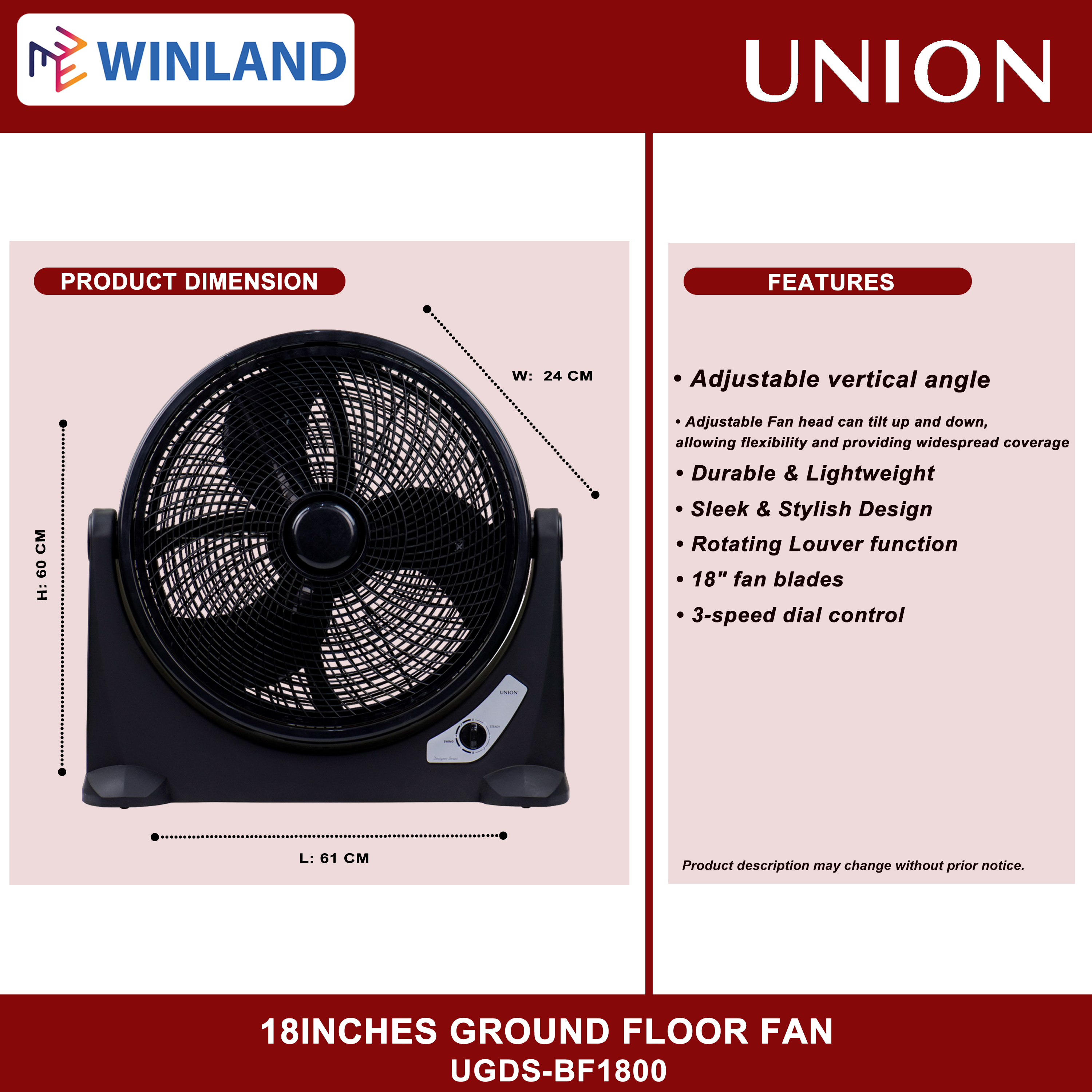 Union by Winland 18inches Ground Floor Fan / Electric Fan UGDS-BF1800 | Lazada PH
