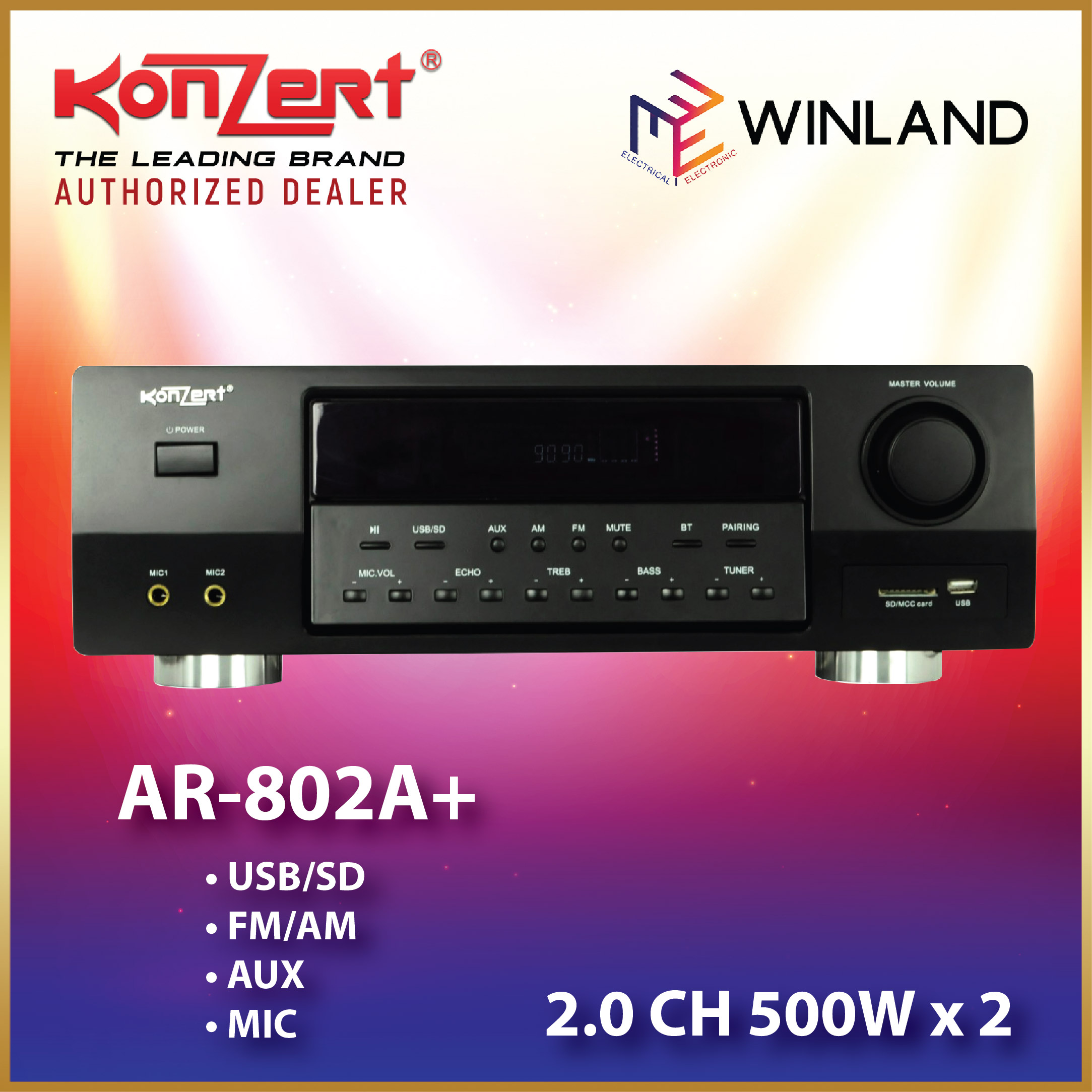NEW Konzert by Winland 2.0 Ch 1000 Watts Karaoke Amplifier with USB/SD/AM/FM/AUX/MIC Input AR ...