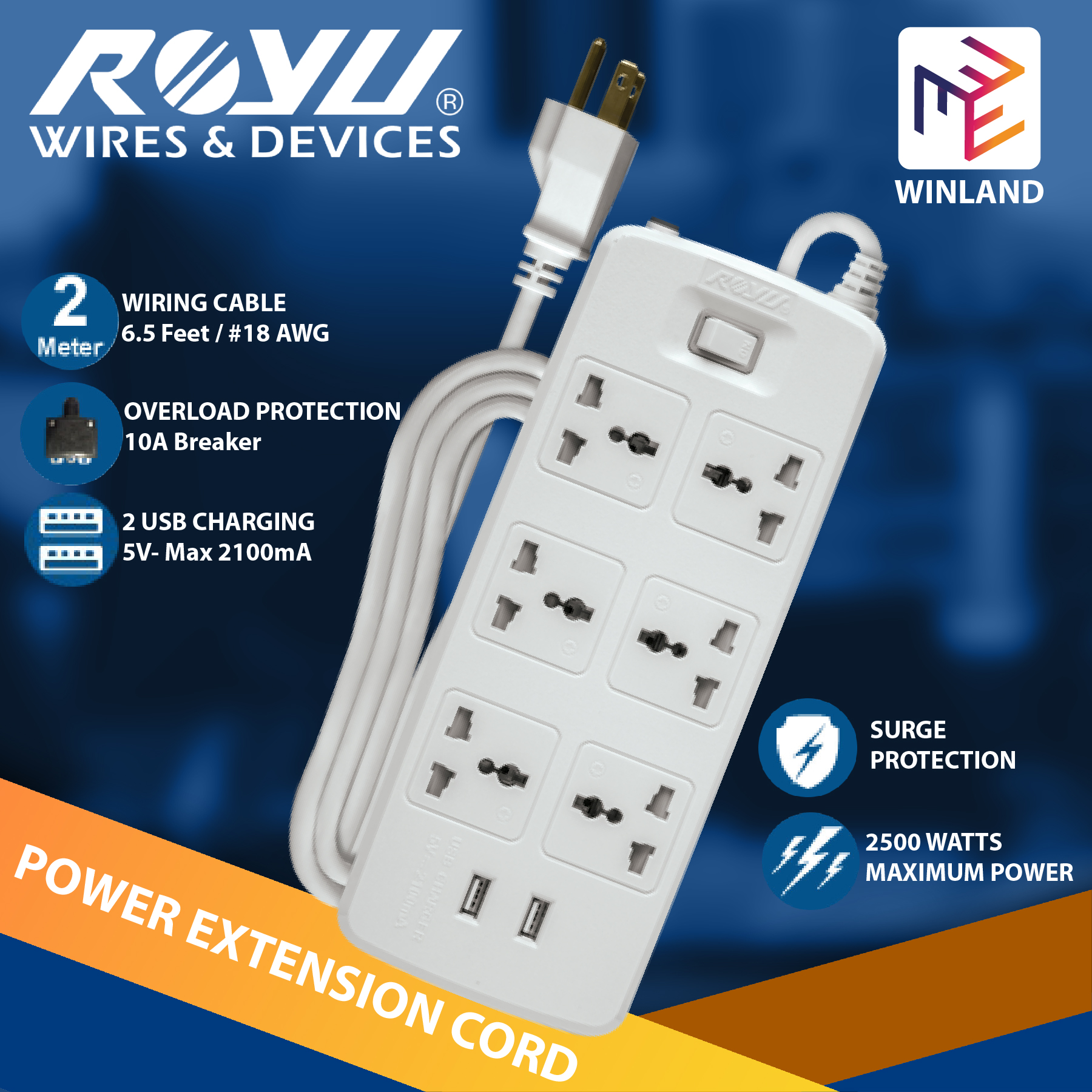 Royu by Winland 6 Socket Power Extension Cord Cable Wire & 2 USB Ports ...