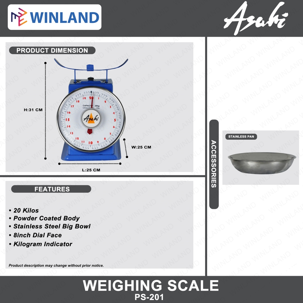 Asahi by Winland Spring Dial Weighing Scale 20kg Aluminum Pan PS-201 ...