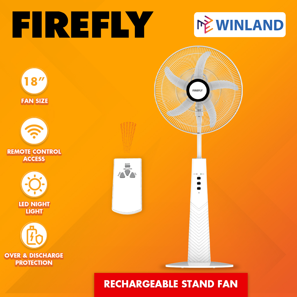 FIREFLY by Winland 18 inch Rechargeable Stand Fan with LED Night Light ...
