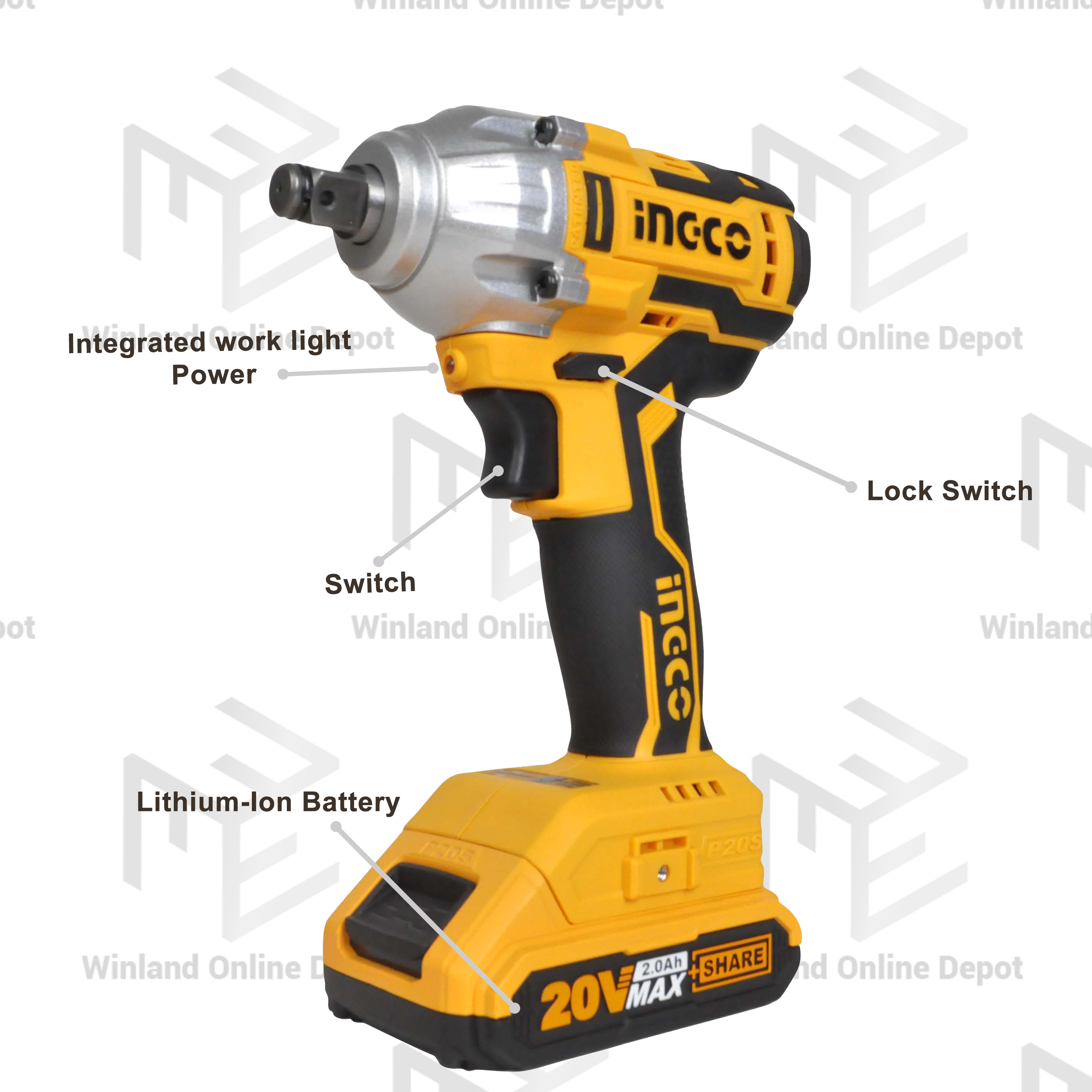 INGCO by Winland Cordless Lithium-Ion Impact Wrench CIWLI2001 ING-CT ...