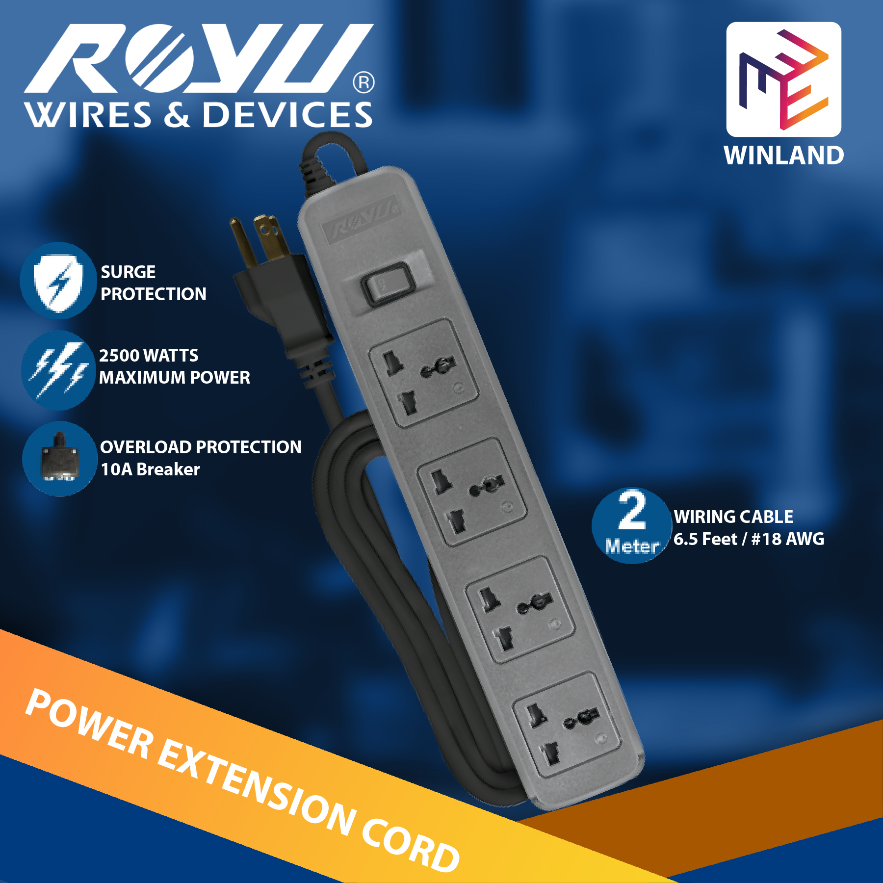 Royu by Winland Power Extension Cord Cable Wire Overload and with Surge ...