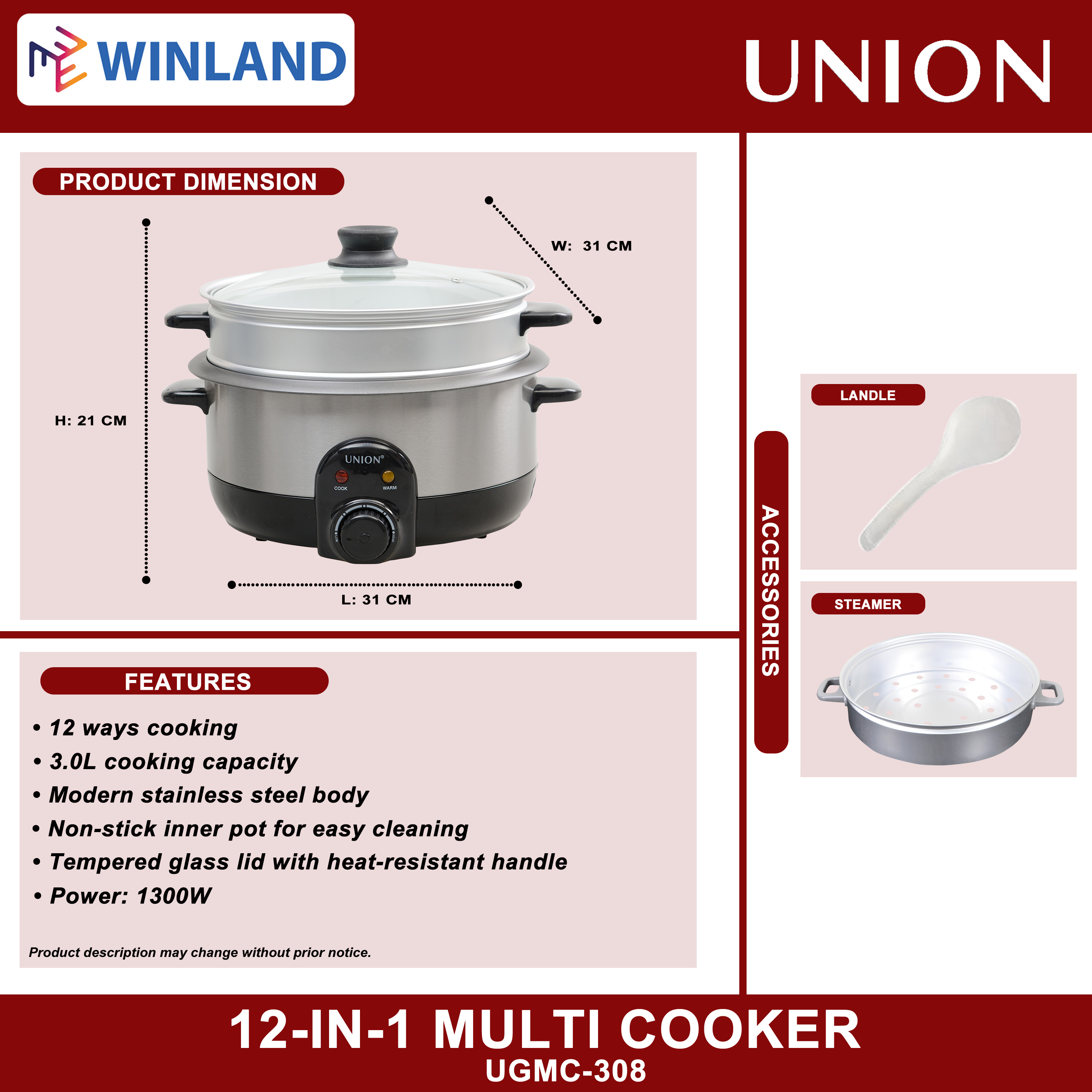 Union by Winland 3.0L / 12-in-1 function Multi Cooker with Non-stick ...