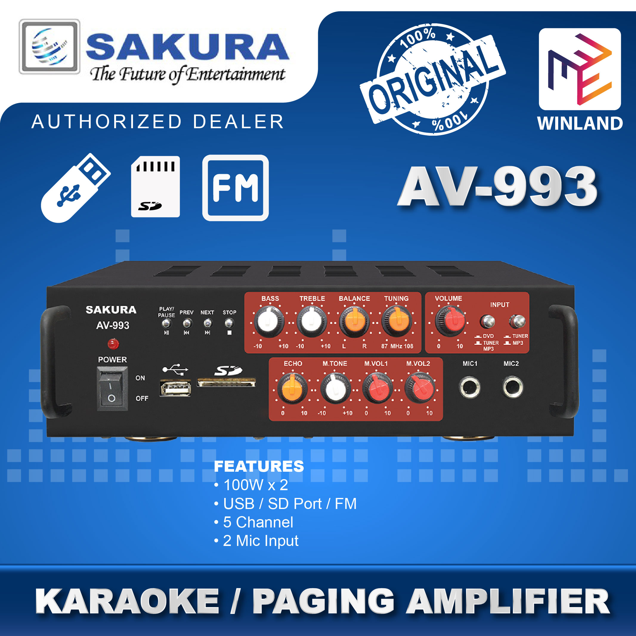 Sakura by Winland 5 Channel USB Karaoke Paging PA Amplifier 100W x 2 with USB / SD Slot / FM ...