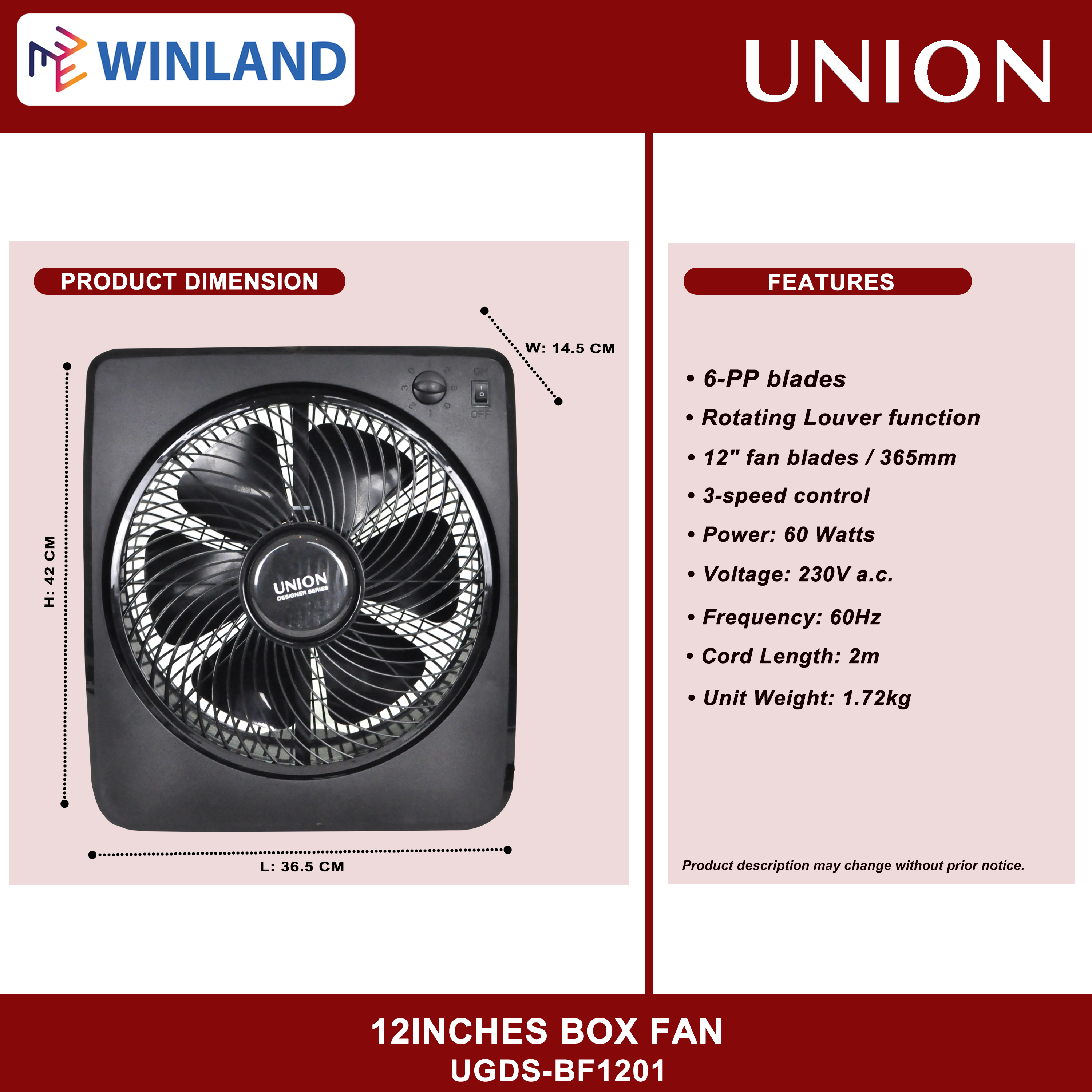 Union by Winland 12inches Box Fan / Electric Fan UGDS-BF1201 | Lazada PH