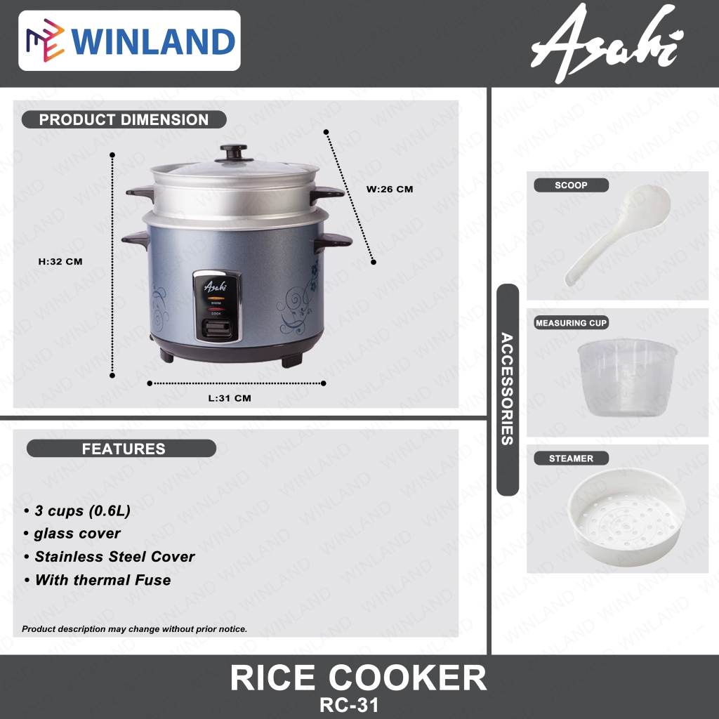 Asahi by Winland Electric Rice Cooker 0.6L with Steamer RC 31 | Lazada PH