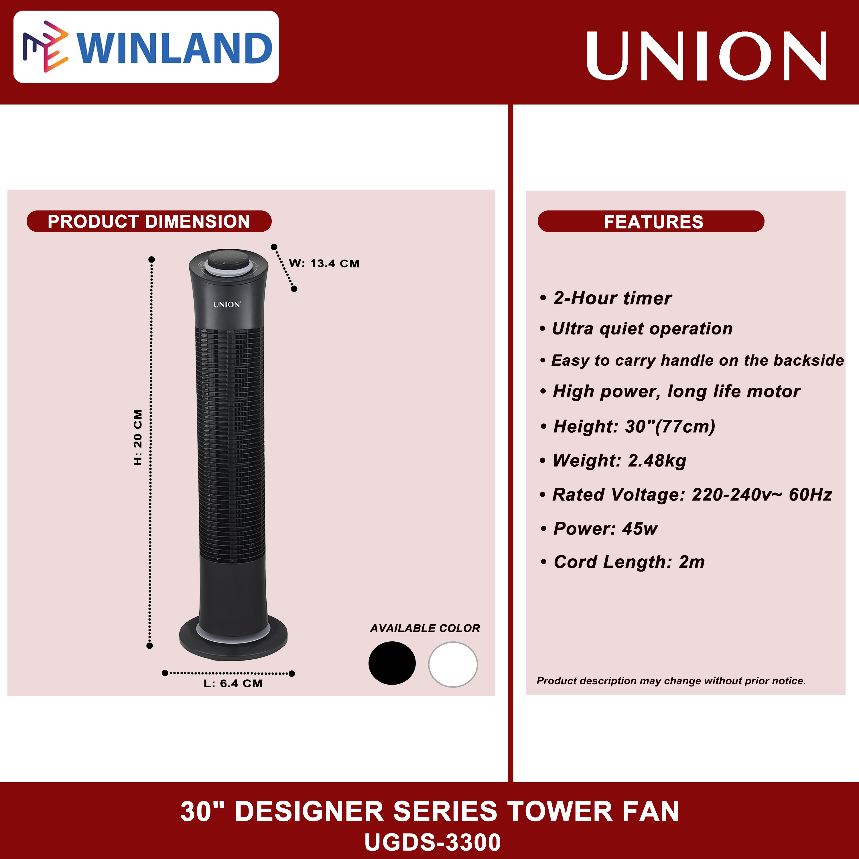 Union by Winland 30-inches Turbo Tower Fan / Electric Fan w/ Easy to ...