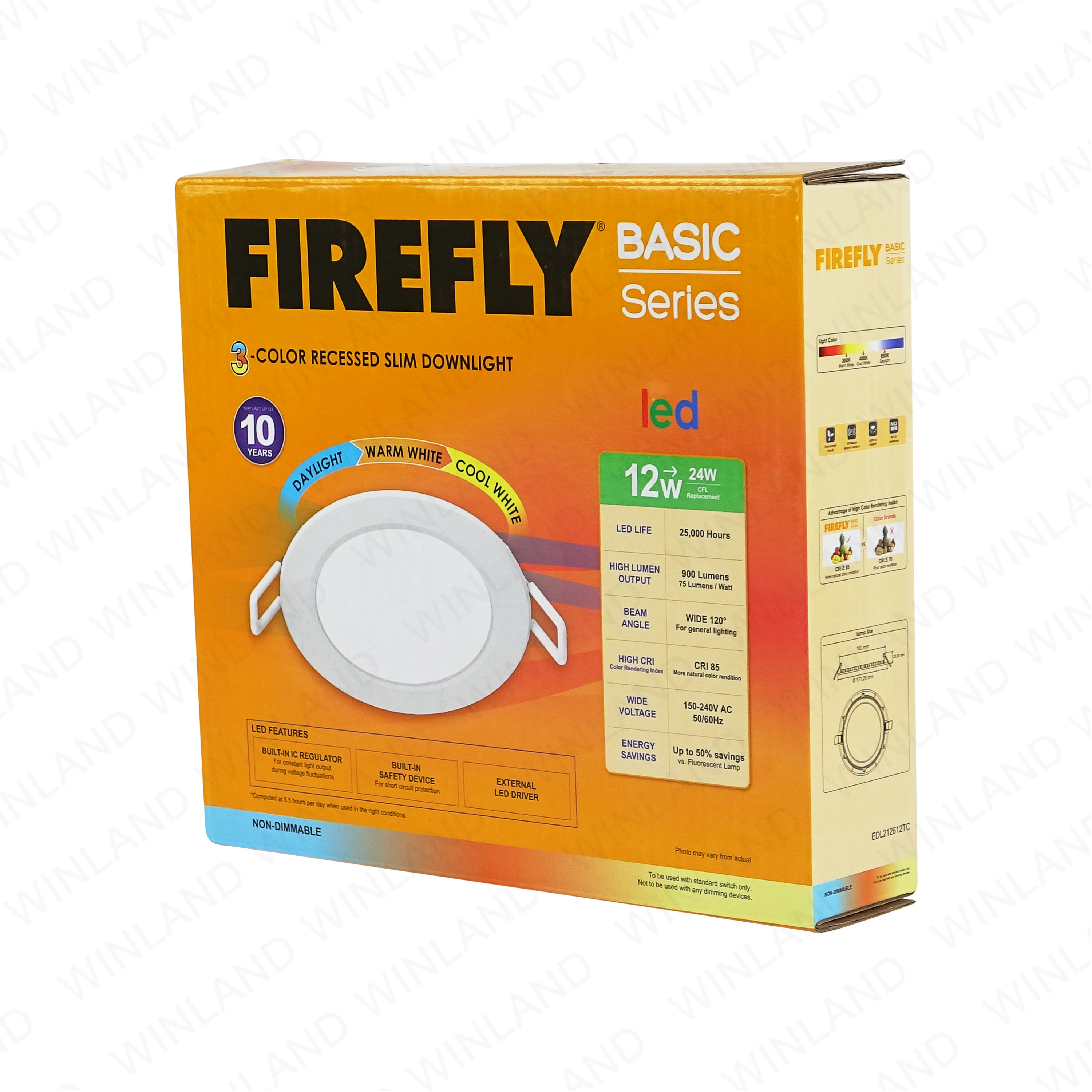 Firefly by Winland Basic Series 3-Color Recessed Slim LED Downlight 12W ...