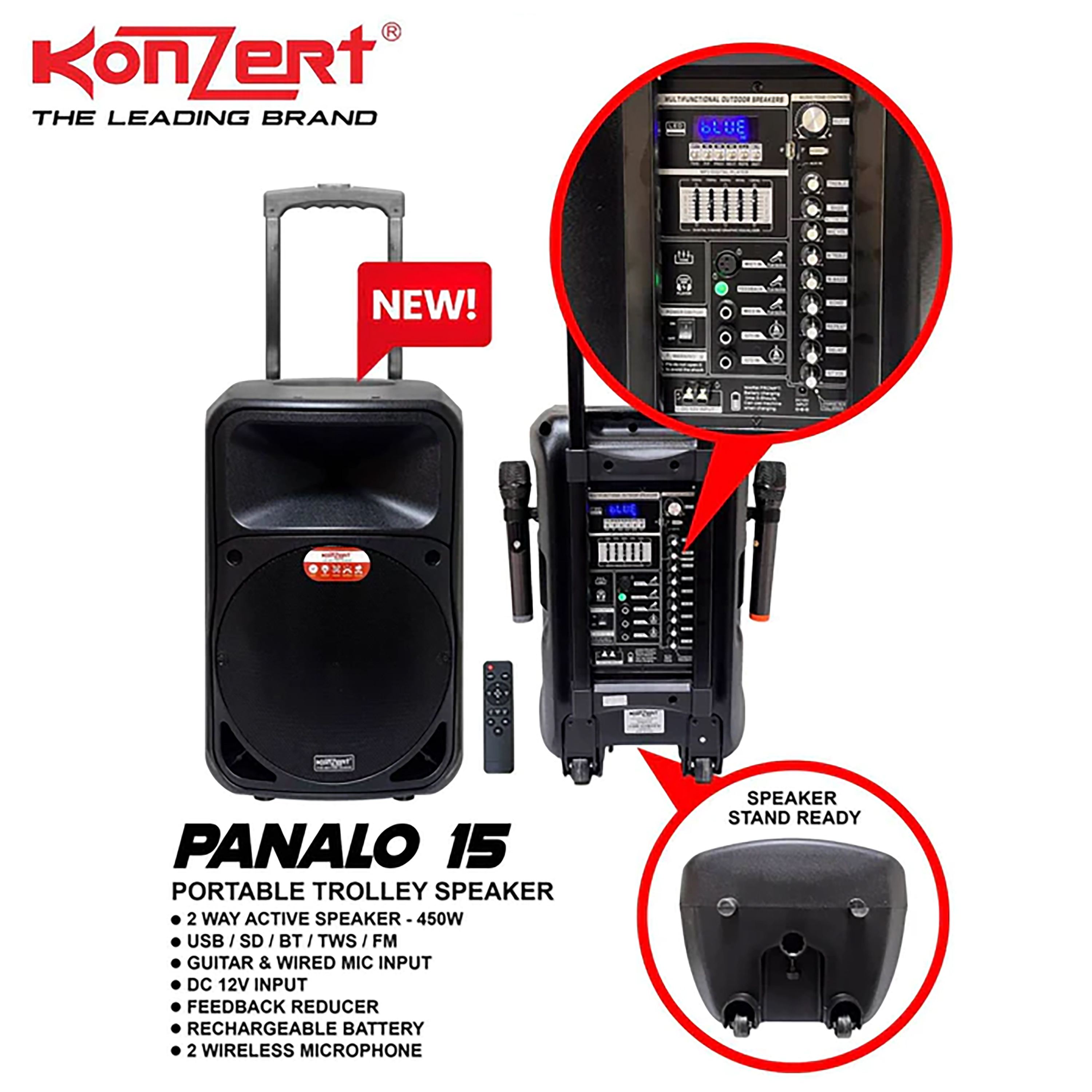 Konzert by Winland 15inch 450W Portable Trolley Speaker with USB/SD ...