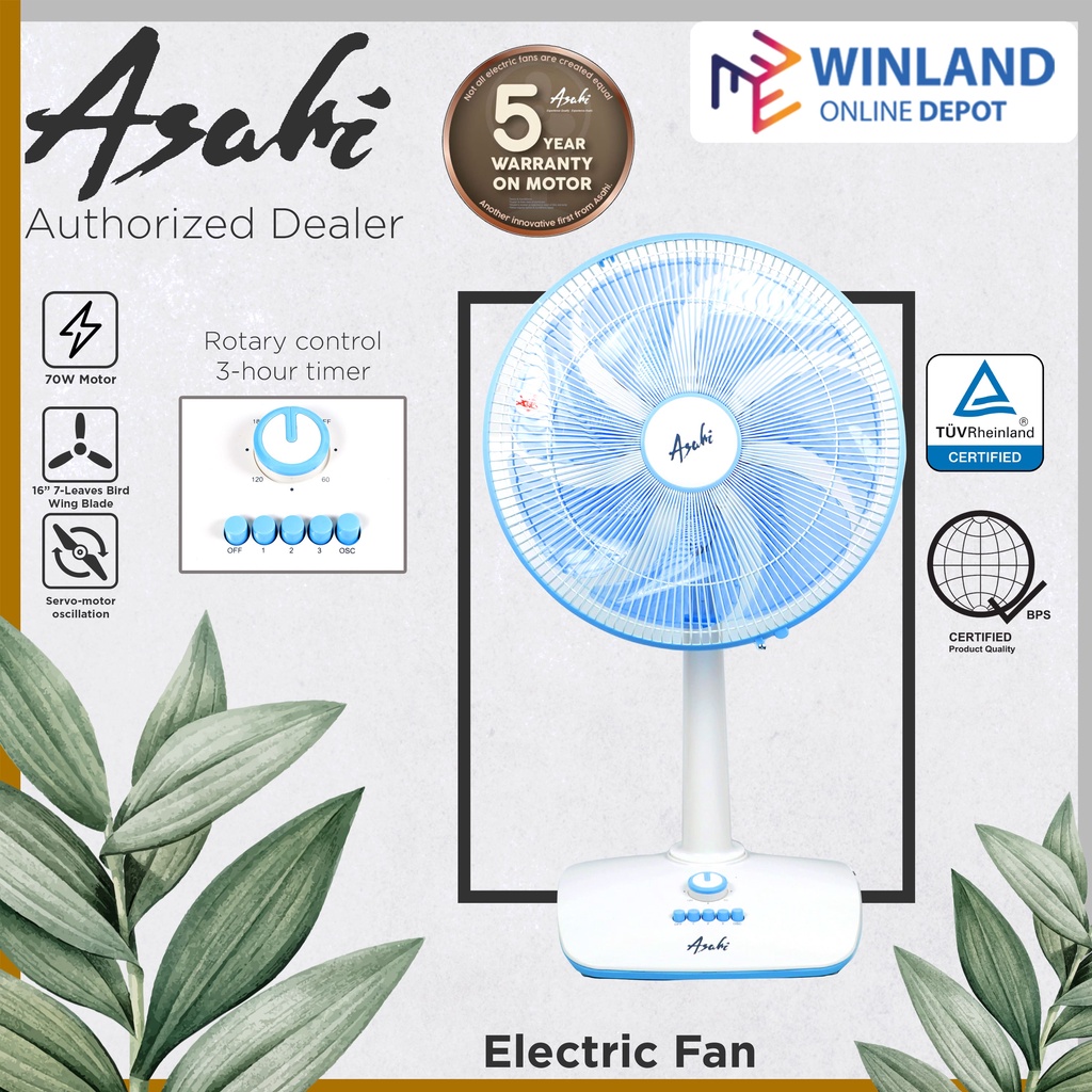 Asahi by Winland Bird's Wing Blade 16" Electric Stand Fan with 3-Hour ...