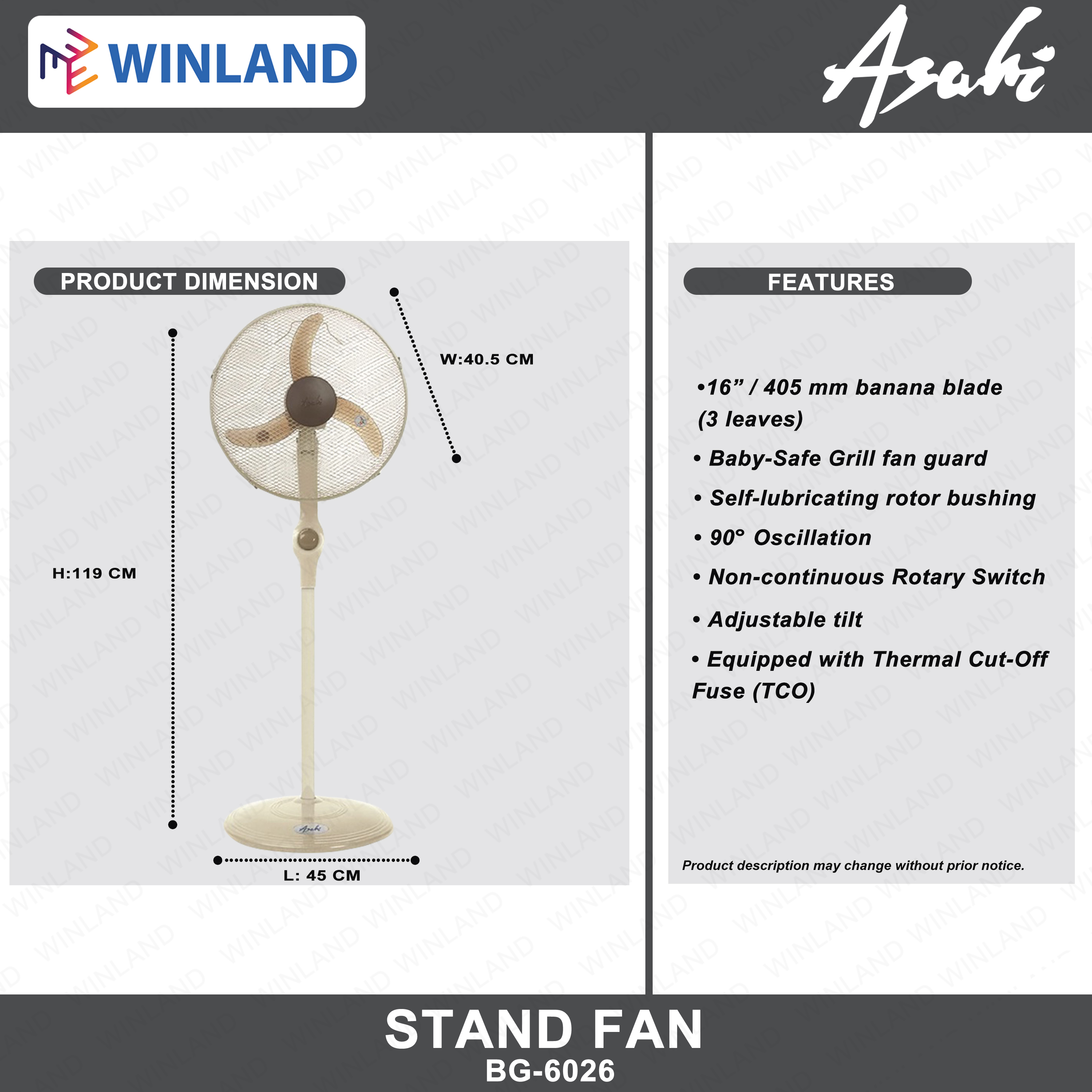 Asahi by Winland BG 6026 Stand Fan 16 inch BG-6026 Children Safe ...