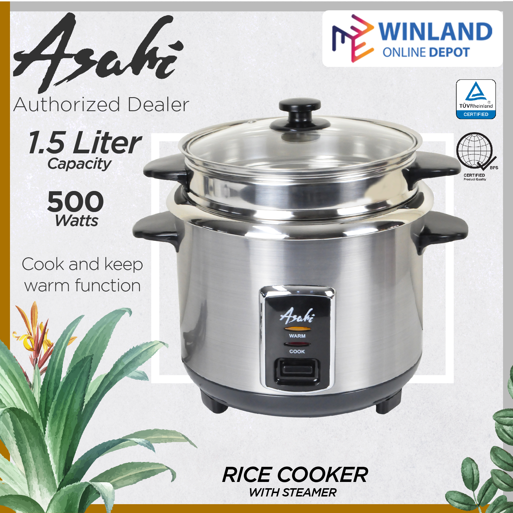 ASAHI by Winland 1.5L 8 cups Rice Cooker Glass cover with streamer RC ...