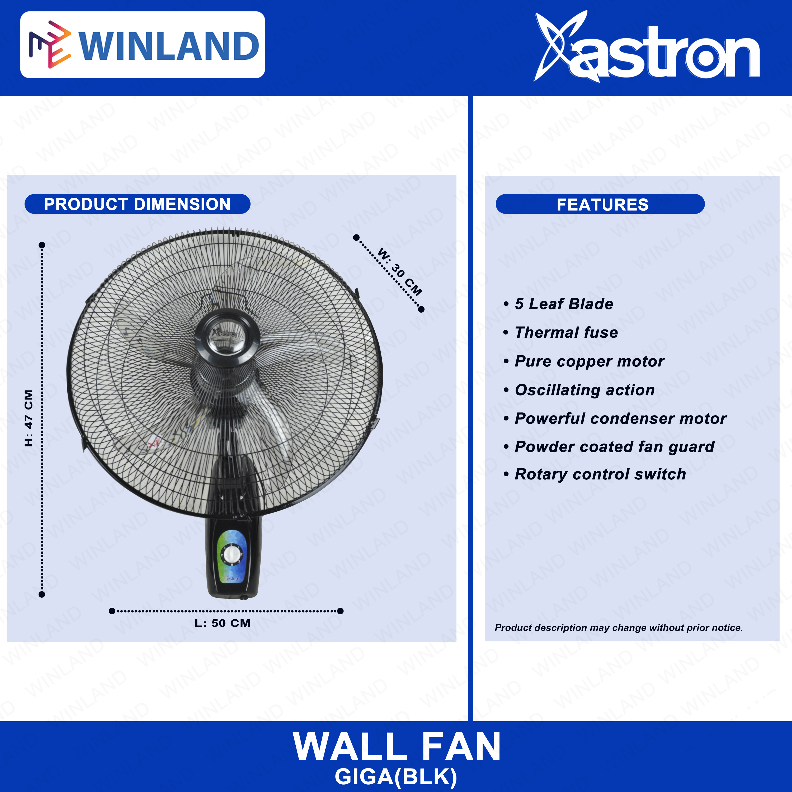 Astron by Winland Powerful 5 Leaf Blade GIGA 20inch Wall Fan | Electric ...