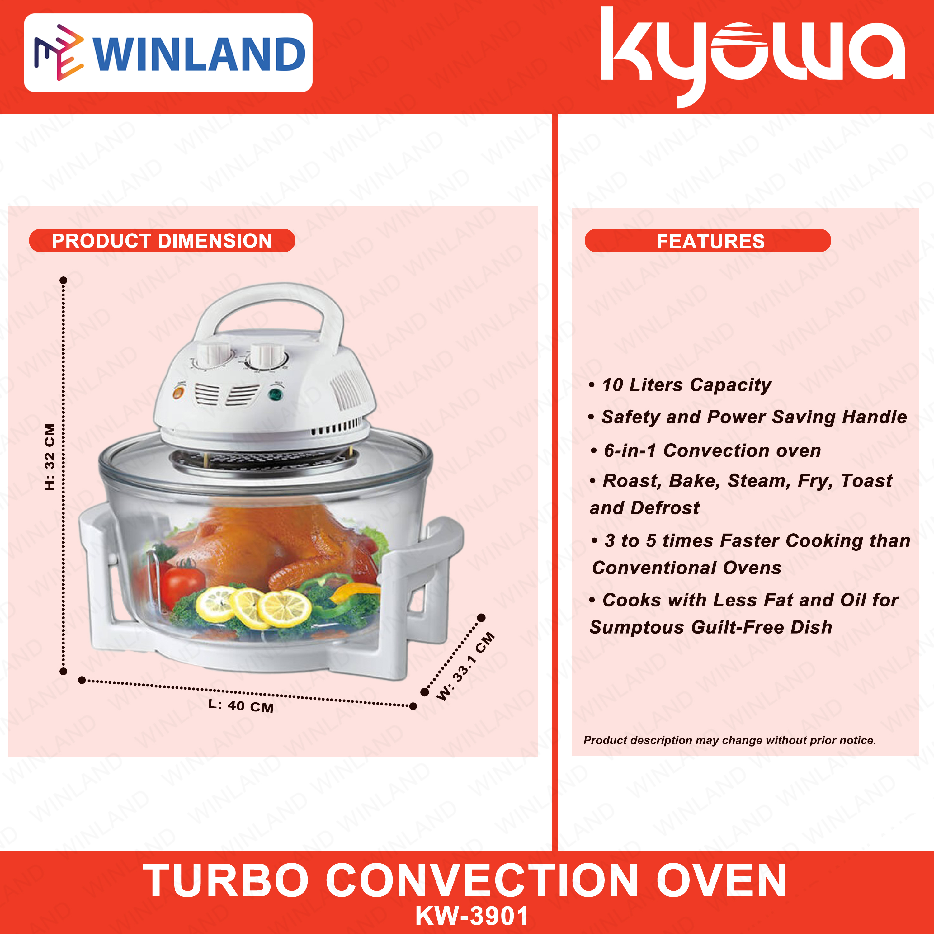 Kyowa by Winland 6 in 1 Turbo Convection Oven Glass Bowl Roast Bake ...