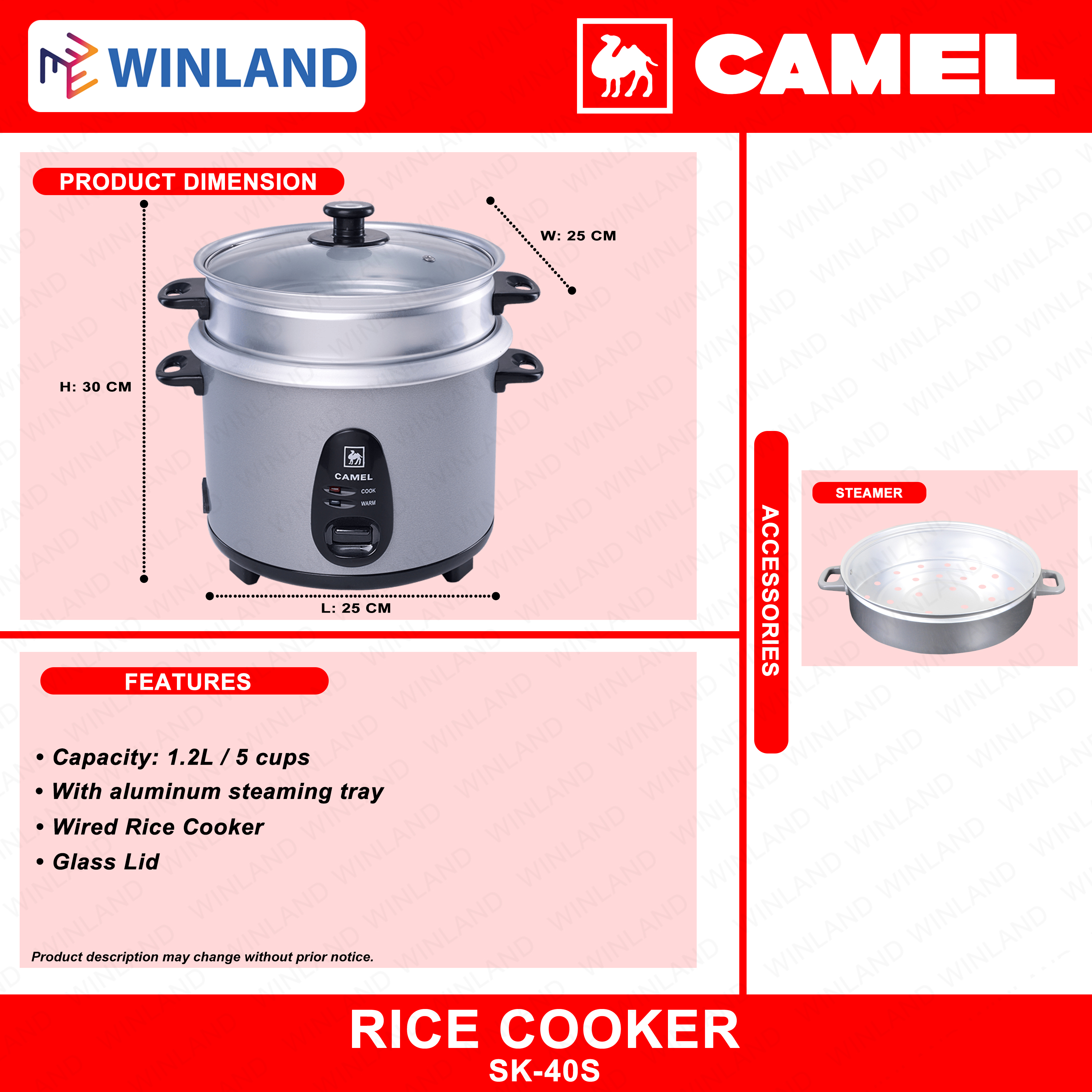 Camel by Winland 1.2L Rice Cooker with Steamer and Glass Lid (5 cups ...
