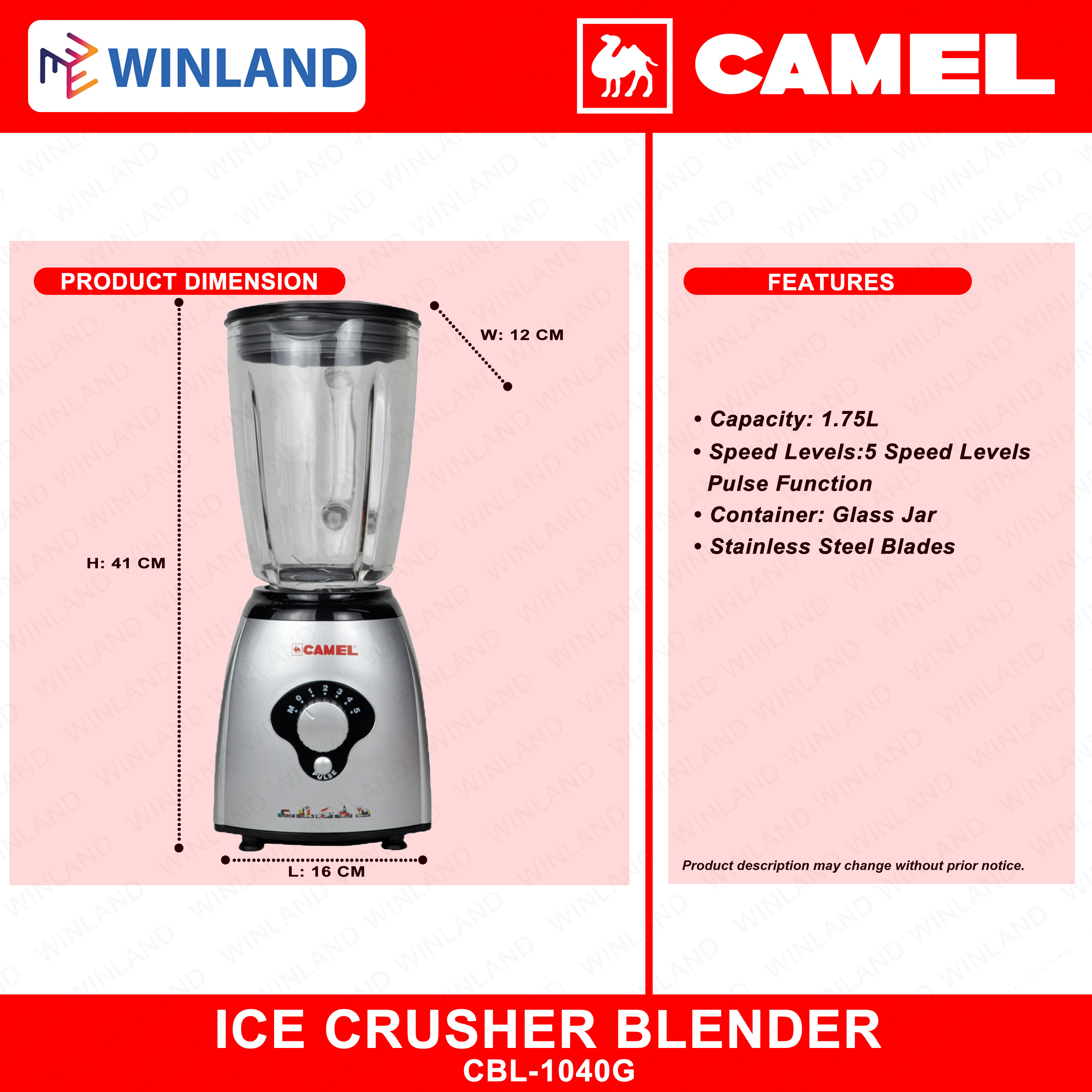 Camel by Winland Ice Crushing Blender 1.75L CBL-1040G | Lazada PH