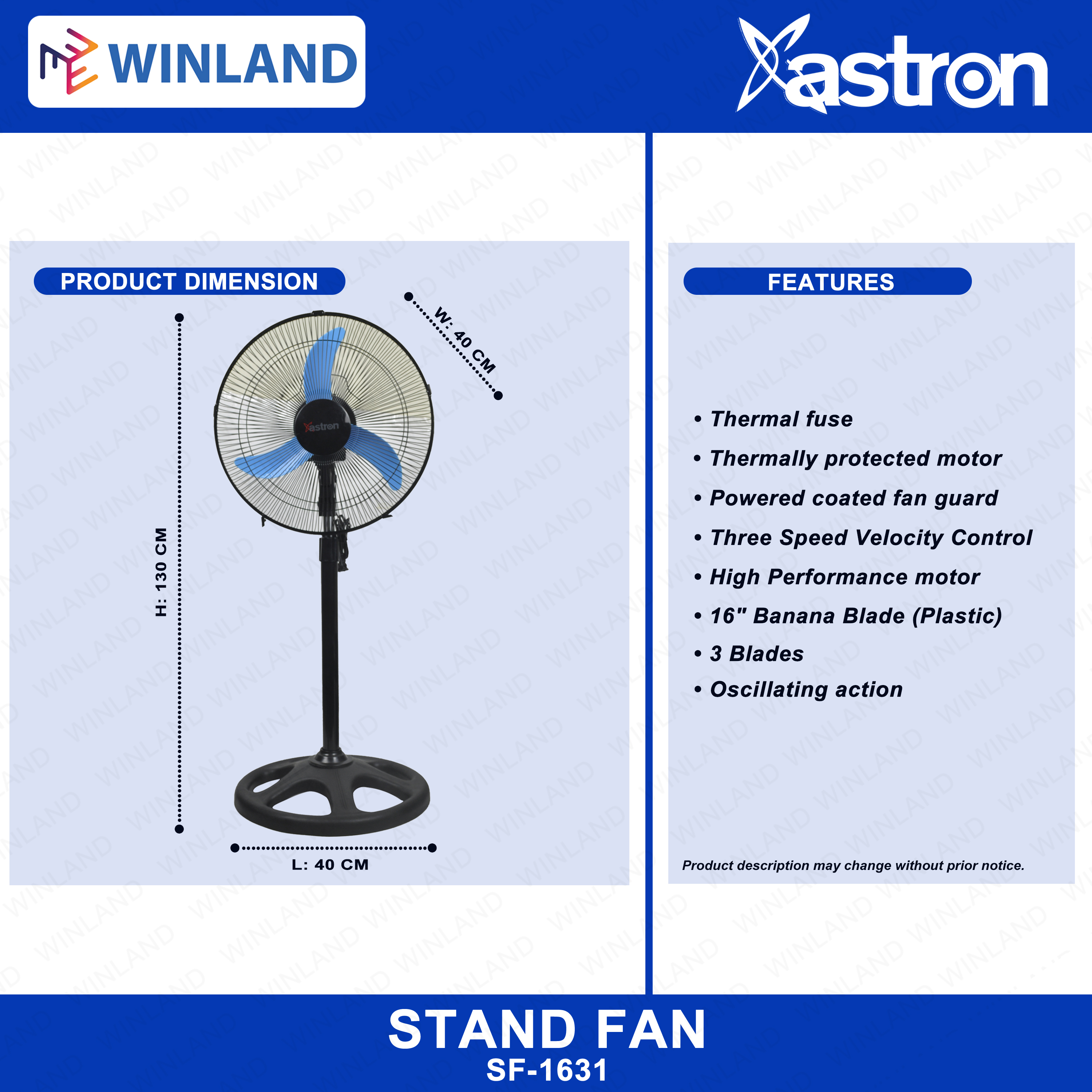 Astron by Winland Lion 16" Stand Fan | Electric Fan 50watts (Light Blue ...