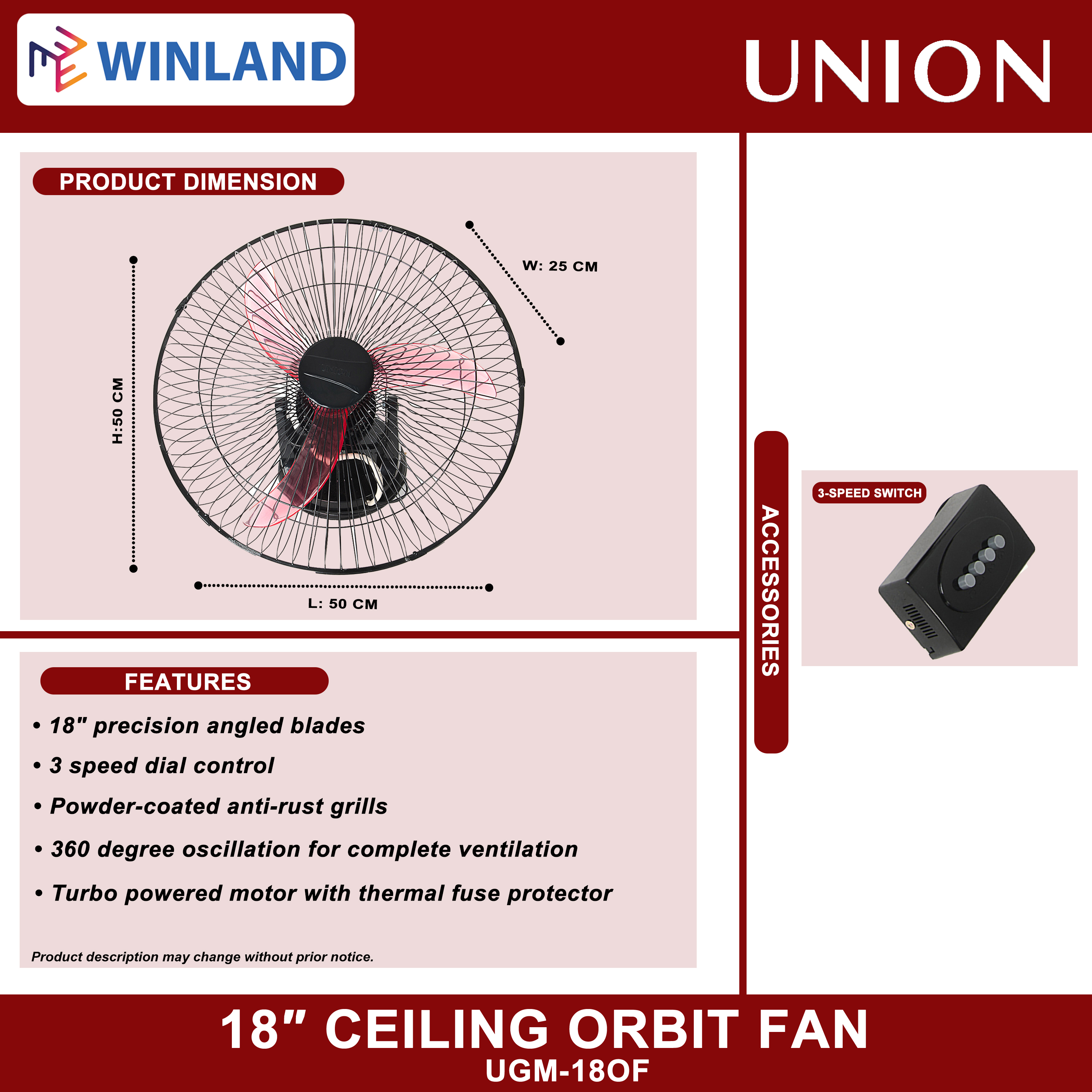 Union by Winland 18inches Ceiling Orbit Fan / Electric Fan UGM-18OF ...