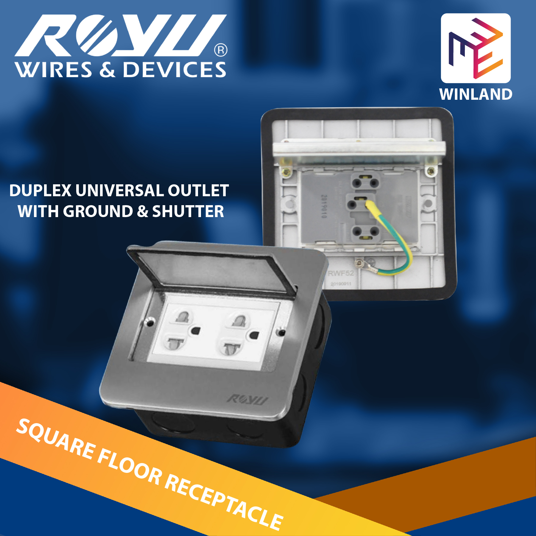 Royu by Winland Square Floor Receptacle w/ Duplex Universal Outlet w ...