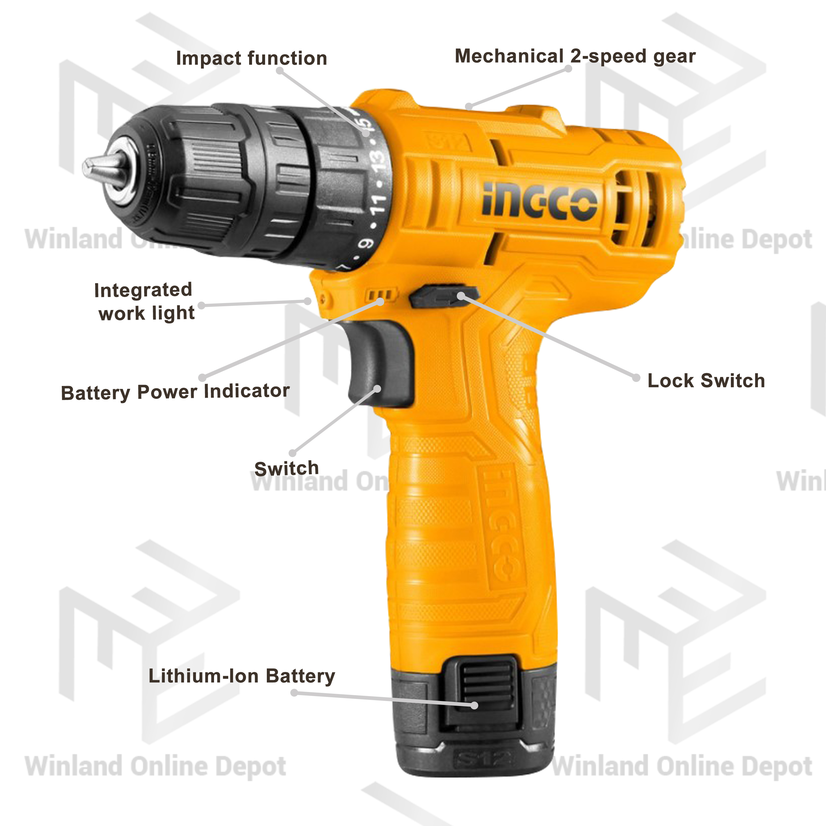 Ingco by Winland LI-ION S12 Series Cordless Drill 12V port & USB Type-C ...