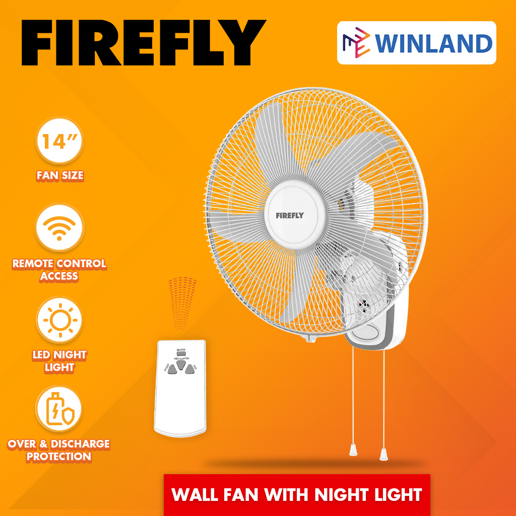 Firefly by Winland Rechargeable 14 inch Wall Fan with Night Light and Remote Control FEL652 ...