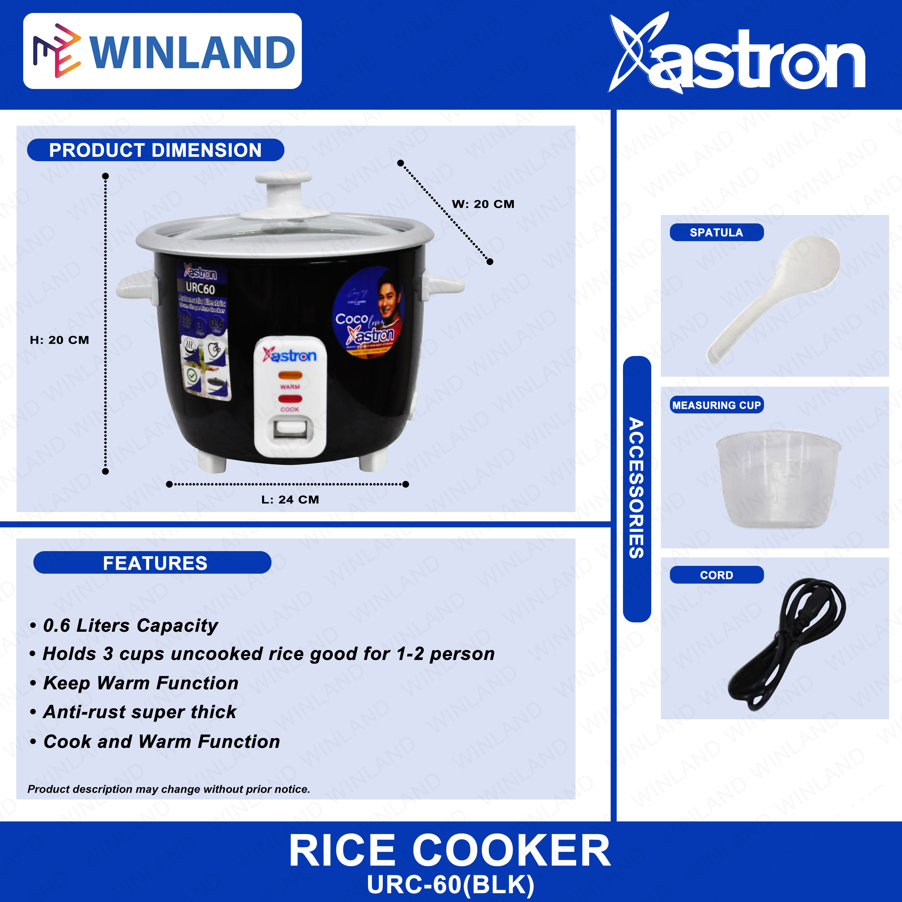 Astron by Winland Automatic Electric Drum Shape Rice Cooker 0.6L | 3 ...