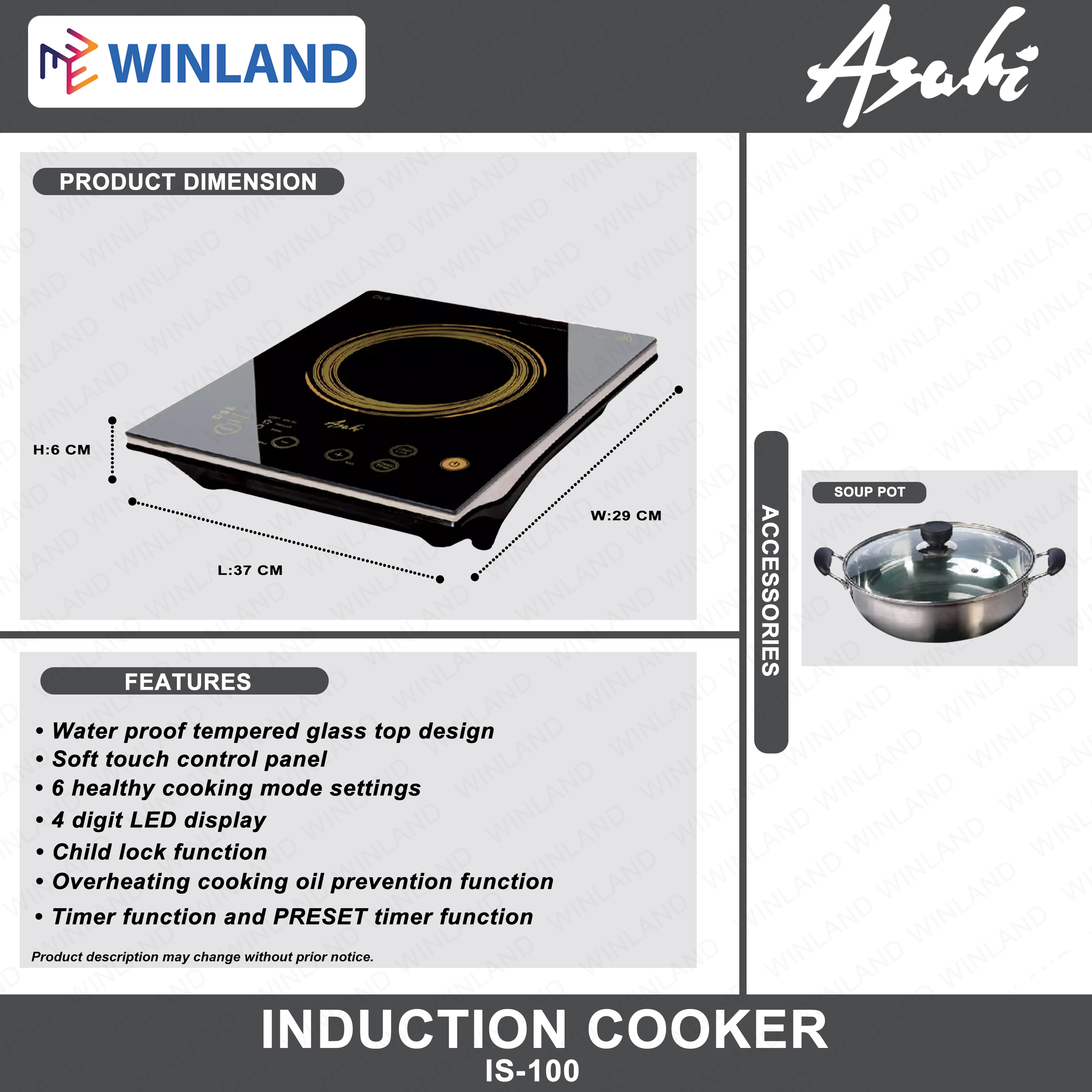 Asahi by Winland Electric Induction Stove Induction Cooker with Pot IS ...