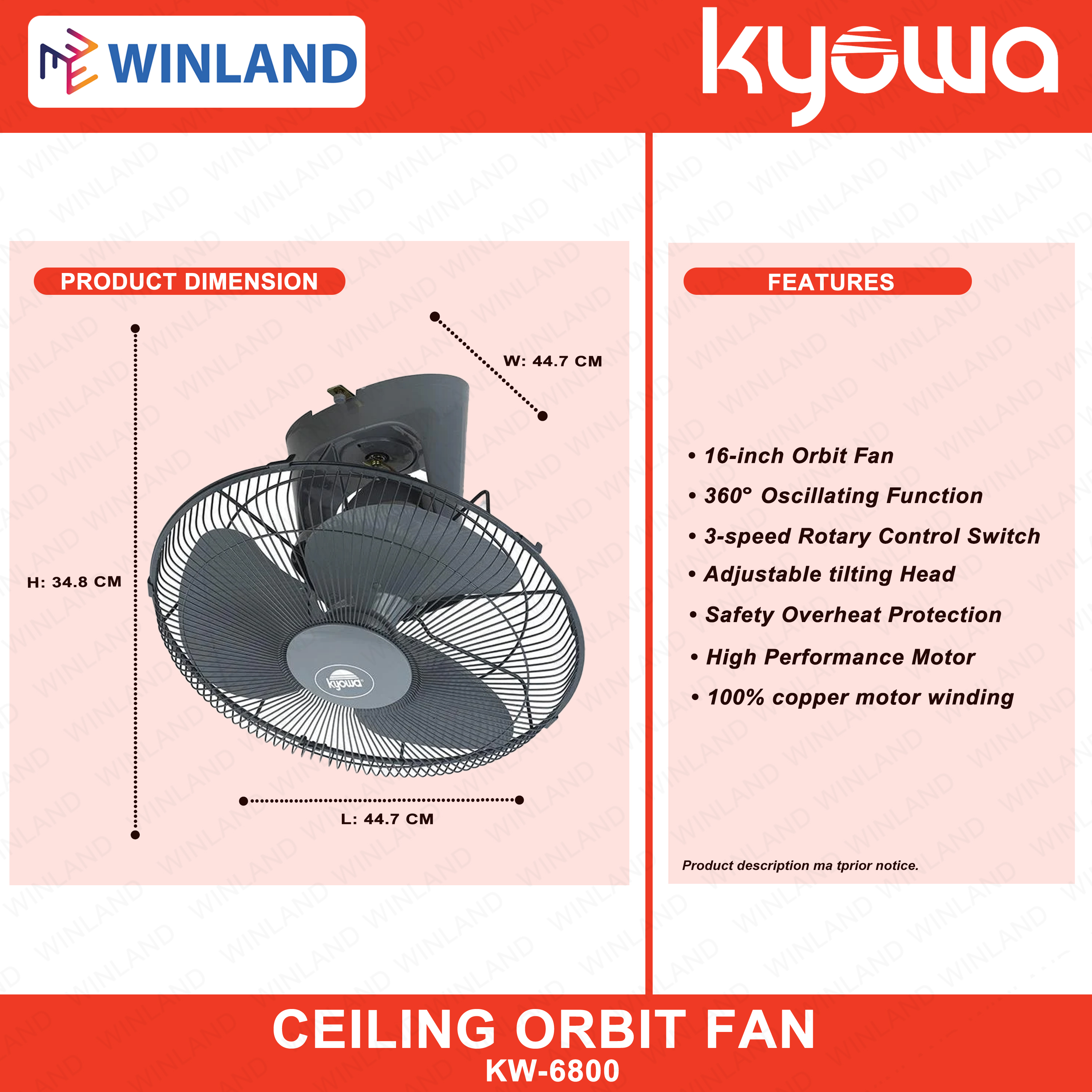 Kyowa by Winland 16inches Ceiling Orbit Fan | Electric Fan KW-6800 ...