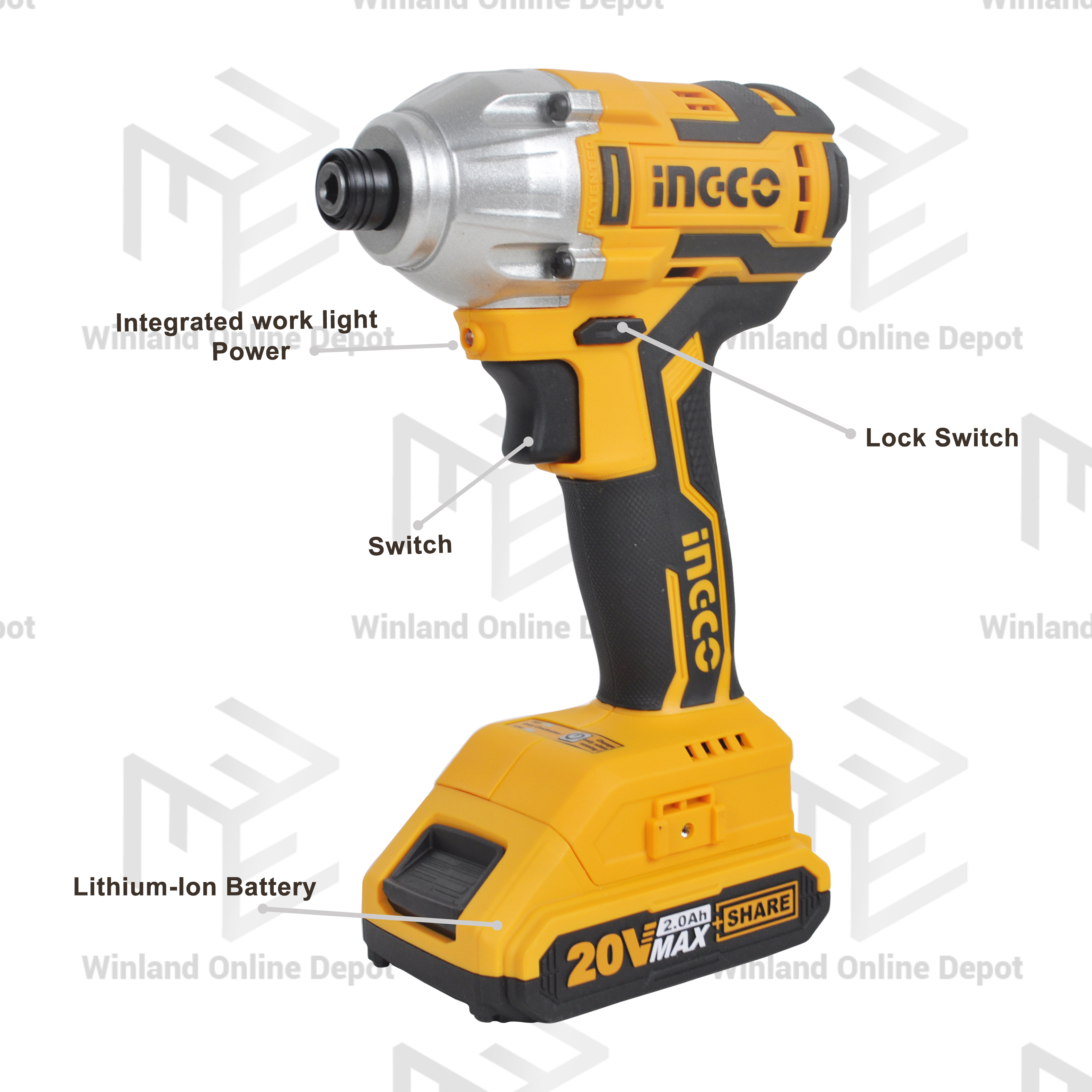 Ingco by Winland Lithium-Ion Cordless Impact Driver Brush Less Motor ...