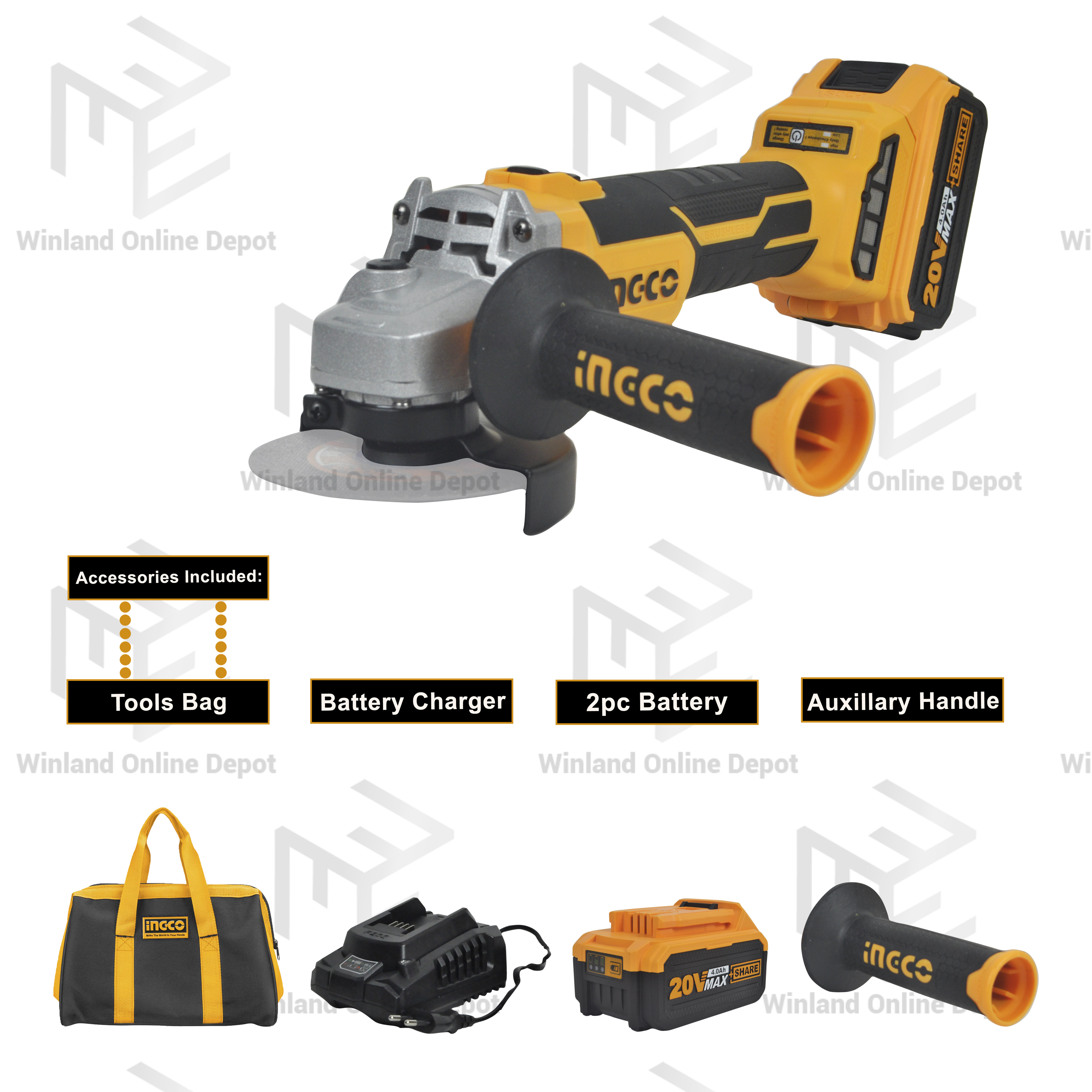 Ingco by Winland Lithium-Ion Cordless Brushless Angle Grinder ...