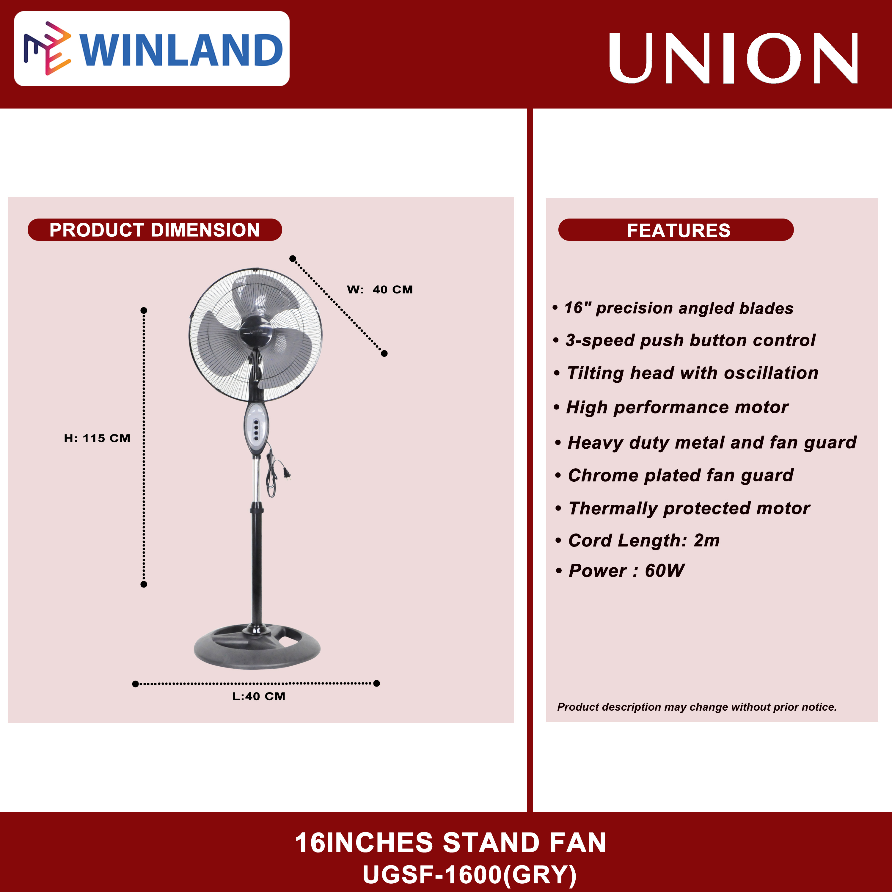 Union by Winland 16inches Stand Fan / Electric Fan UGSF-1600 | Lazada PH