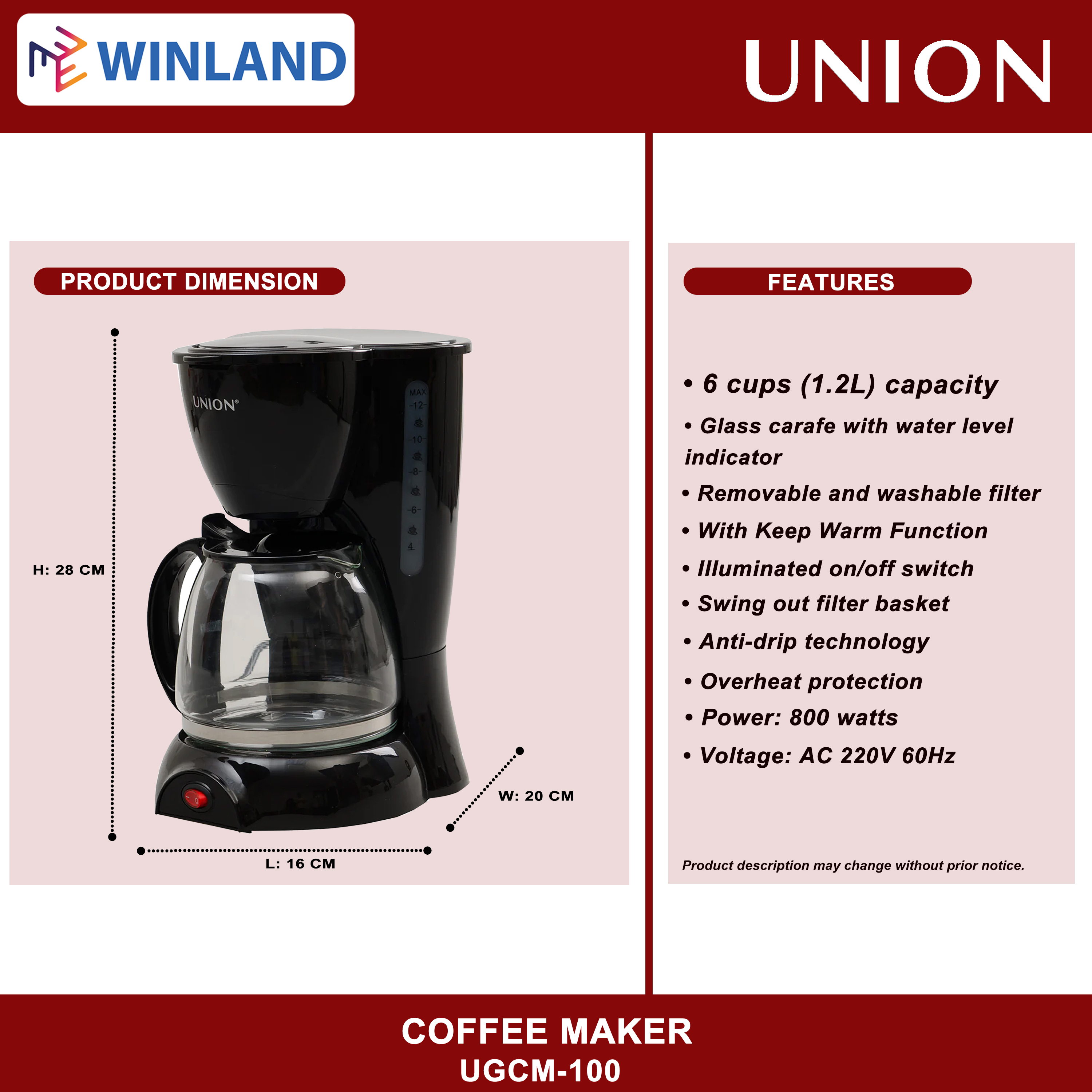 Union by Winland 1.2L/6Cups Coffee Maker Coffee Machine with Keep Warm ...
