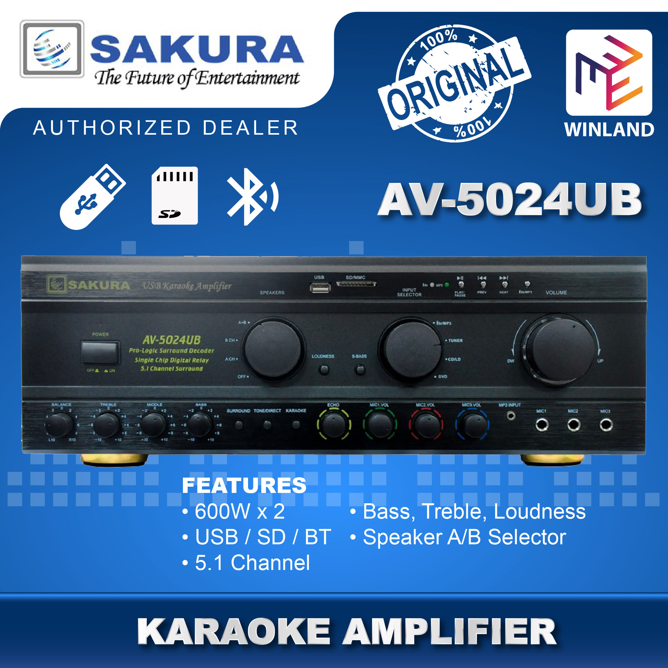 SAKURA by Winland Karaoke Amplifier 600W X 2 Karaoke USB/SD Bluetooth Amplifier AV-5024UB ...