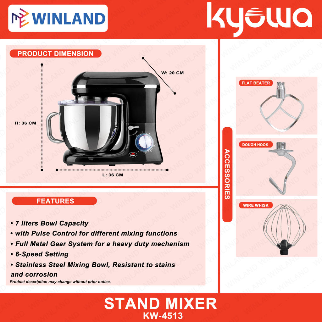 Kyowa by Winland 7 Liters Stand Mixer with Stainless Steel Bowl KW-4513 ...
