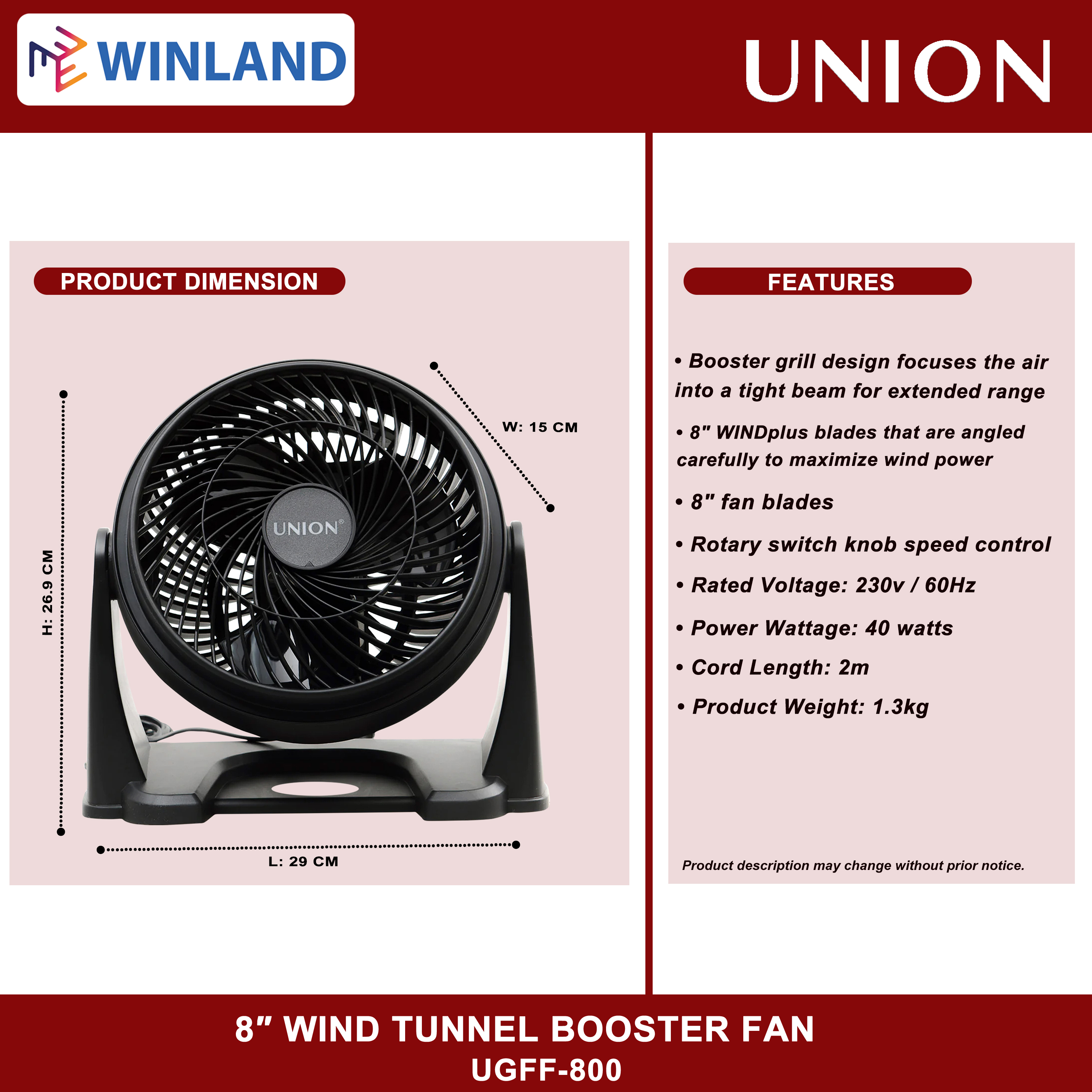 Union by Winland 8inches Wind Tunnel Booster Fan Cool Velocity Desk Fan ...