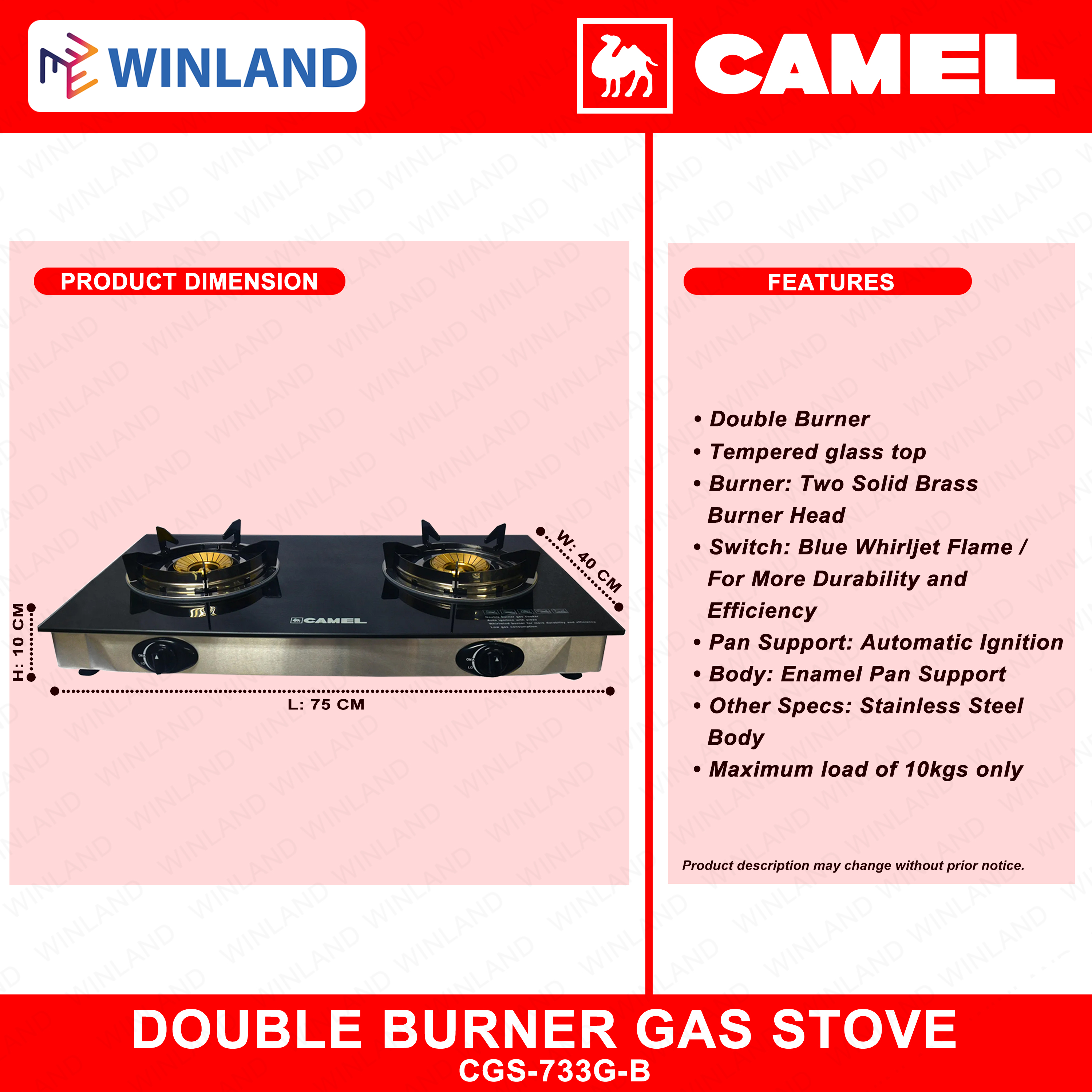 Camel by Winland Cooking Stove Deluxe Double Burner Glass Top Gas ...