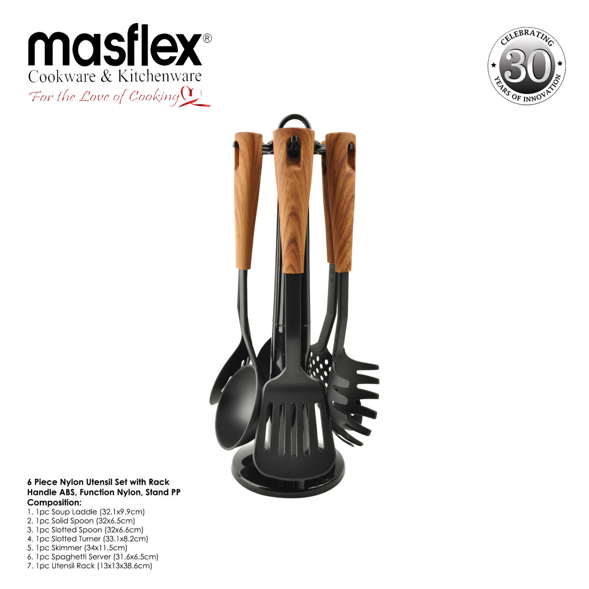 Masflex by Winland 6 Piece Gray Utensils Set with Rack Soup Ladle Solid Spoon Slotted Spoon ...