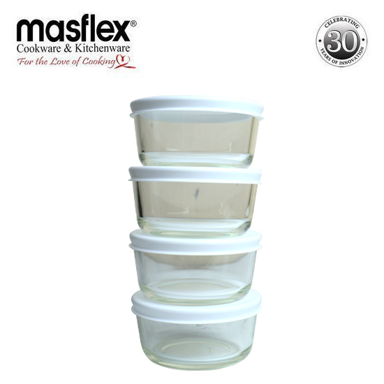 Masflex by Winland 4 Pieces Borosilicate Glass 230ml Food Container with Lid FE-230W/FE-230G ...