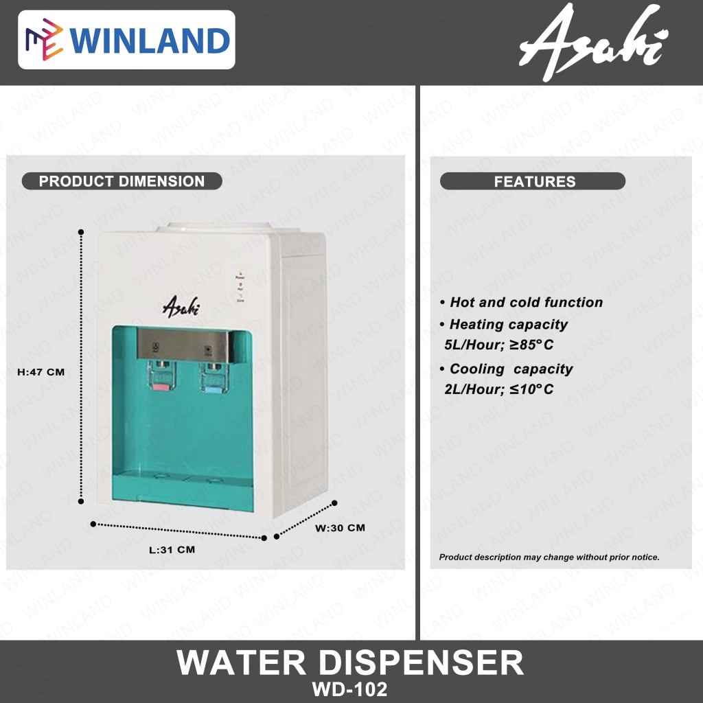 Asahi by Winland Table Top Water Dispenser Hot and Normal Function WD ...