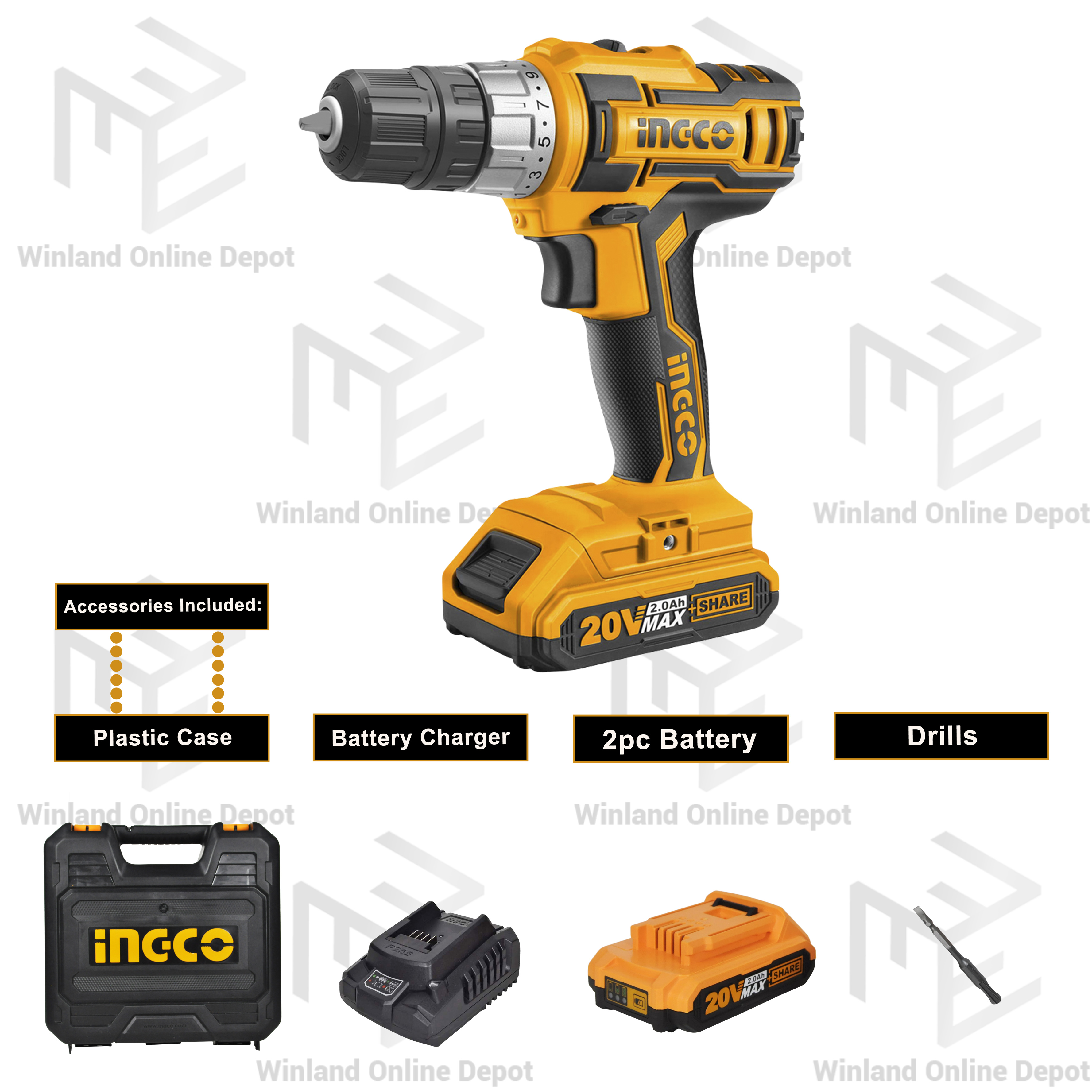 INGCO by Winland Lithium-Ion Cordless Drill 20V POWERSHARE with Free ...