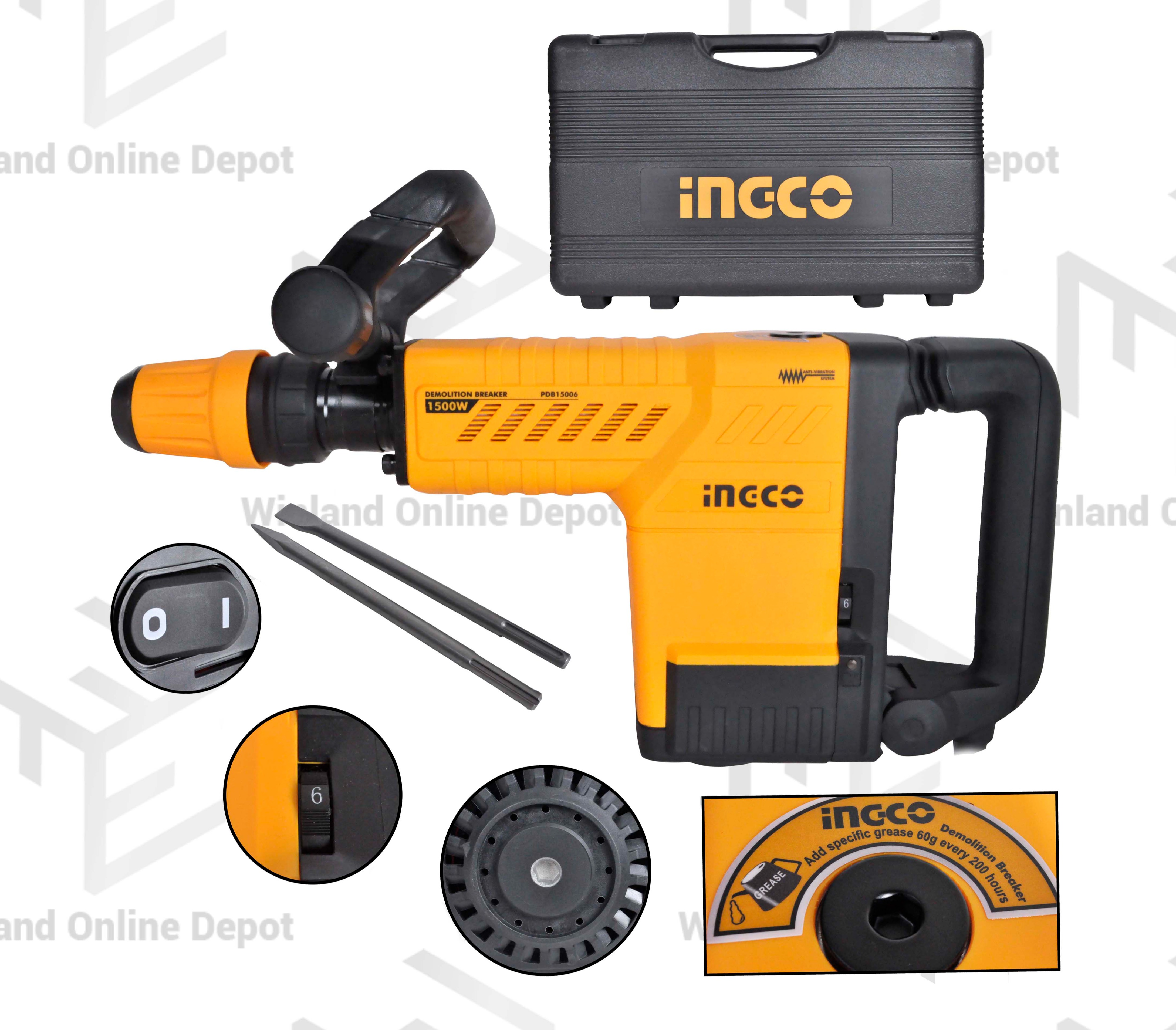 Ingco by Winland Demolition Breaker / Hammer with 2pcs Chisel 1500W ...