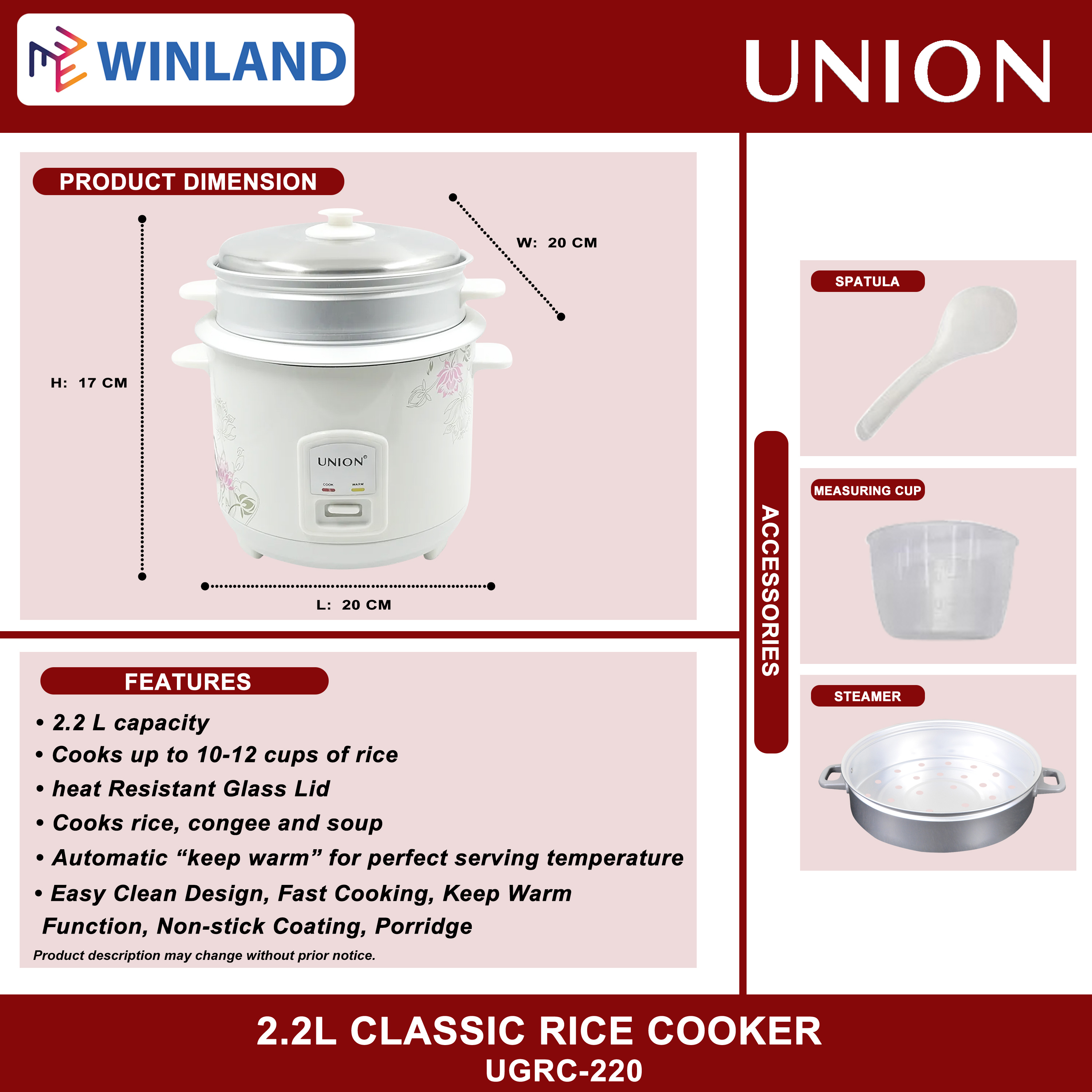 Union by Winland 2.2L Classic Rice Cooker and Warmer with Steamer UGRC ...